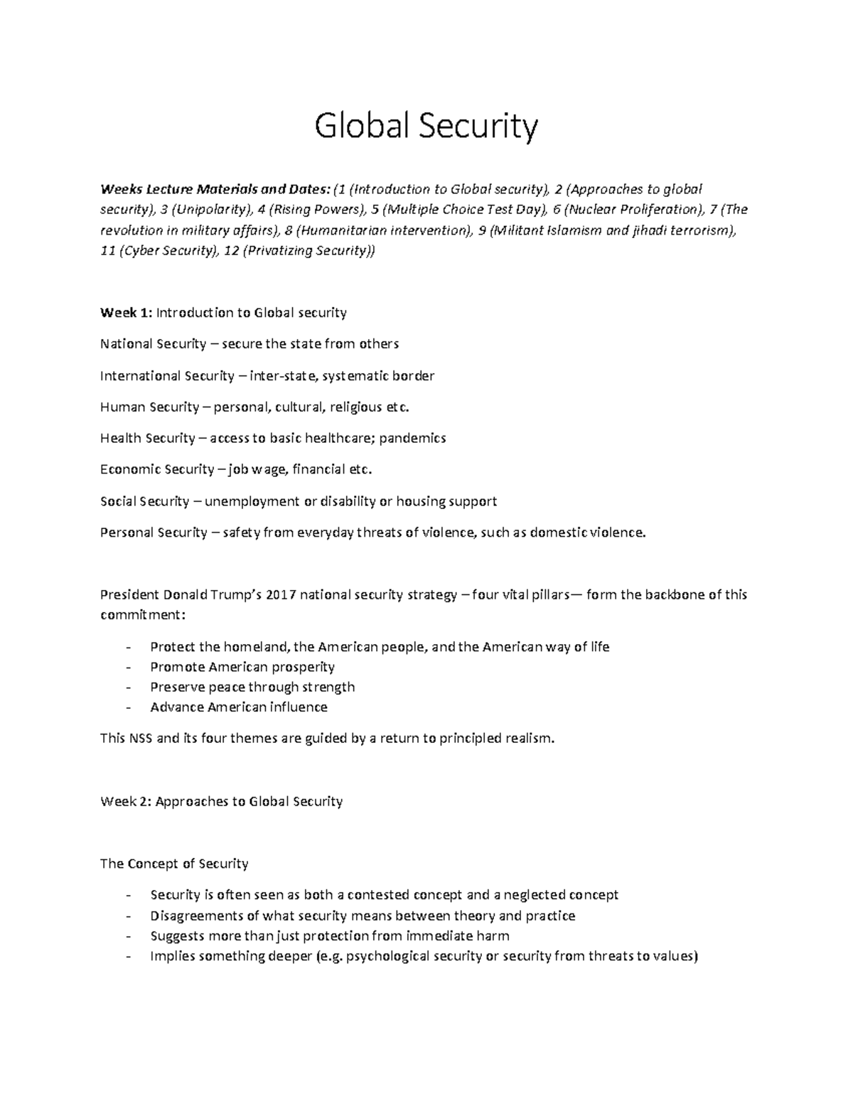 Global Security Notes - Global Security Weeks Lecture Materials and ...