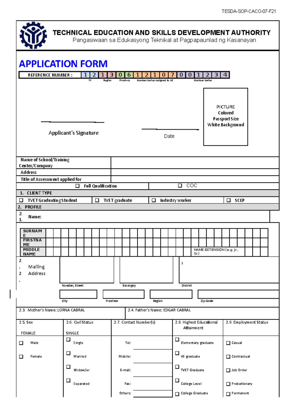5.- Application-FORM-with- Admission-SLIP-DONE - TESDA-SOP-CACO-07-F ...