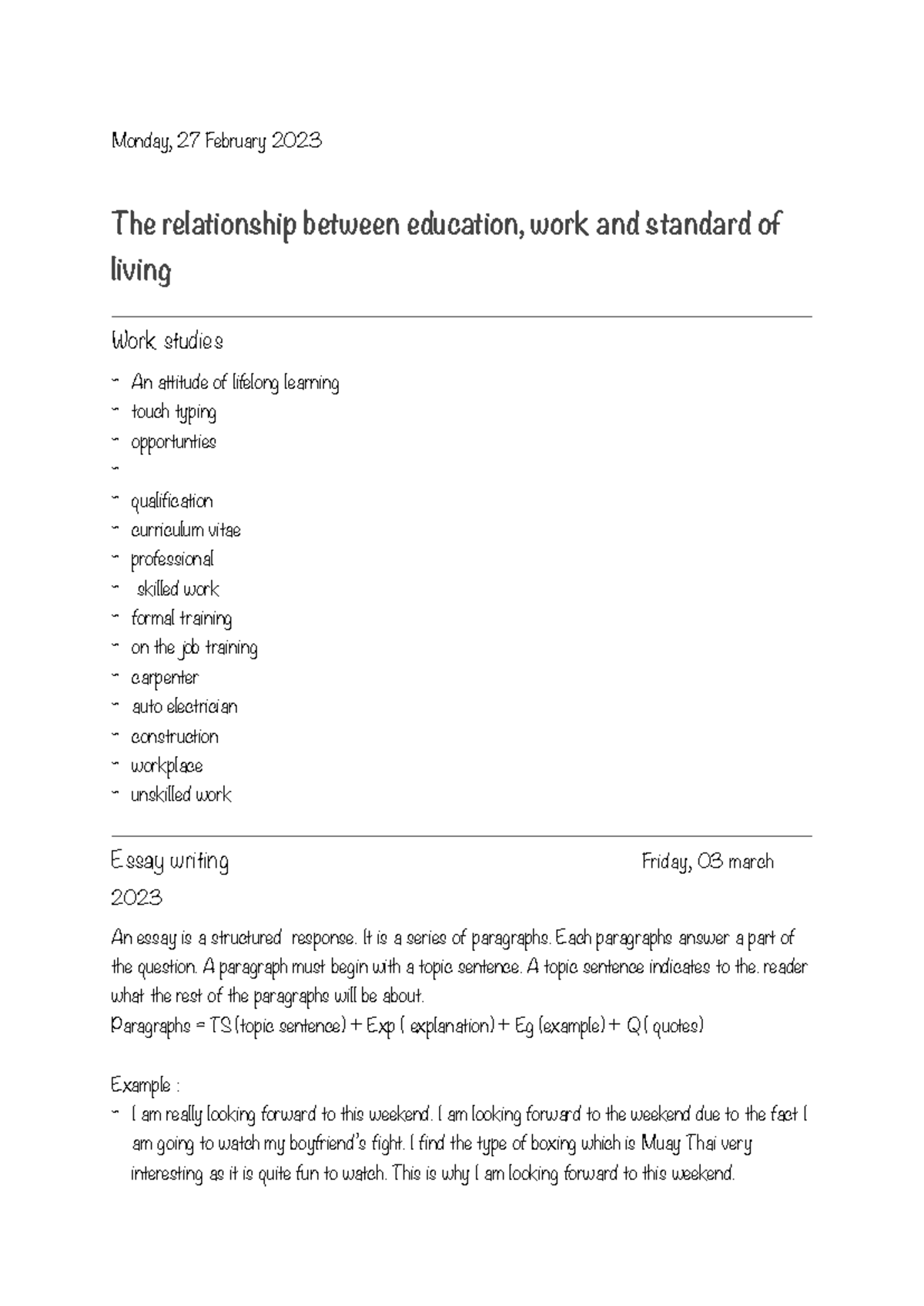 Work studies - class - Monday, 27 February 2023 The relationship ...