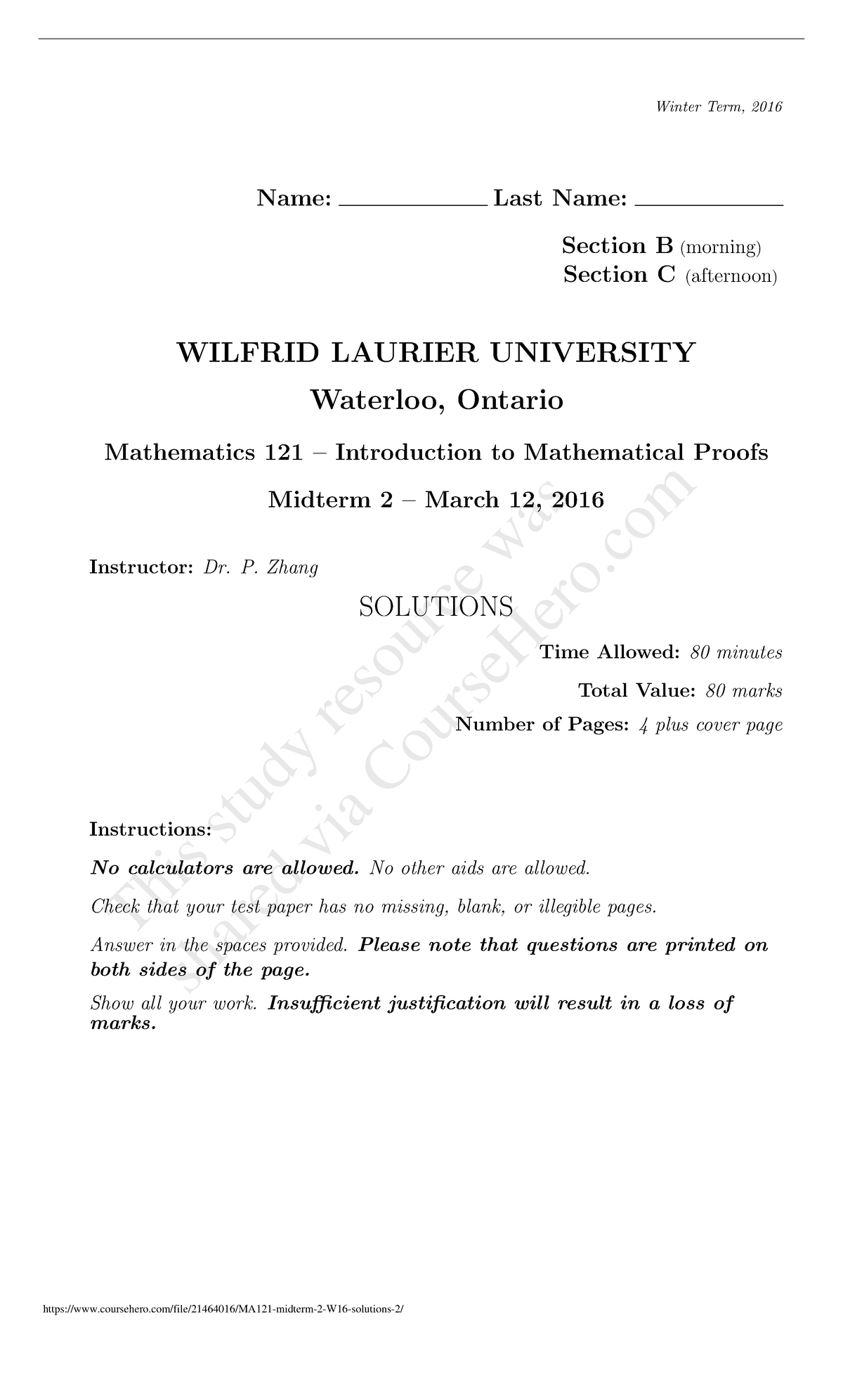 PROOFS MIDTERM 2016 - Winter Term, 2016 Name: Last Name: Section B(morning) Section C (afternoon ...