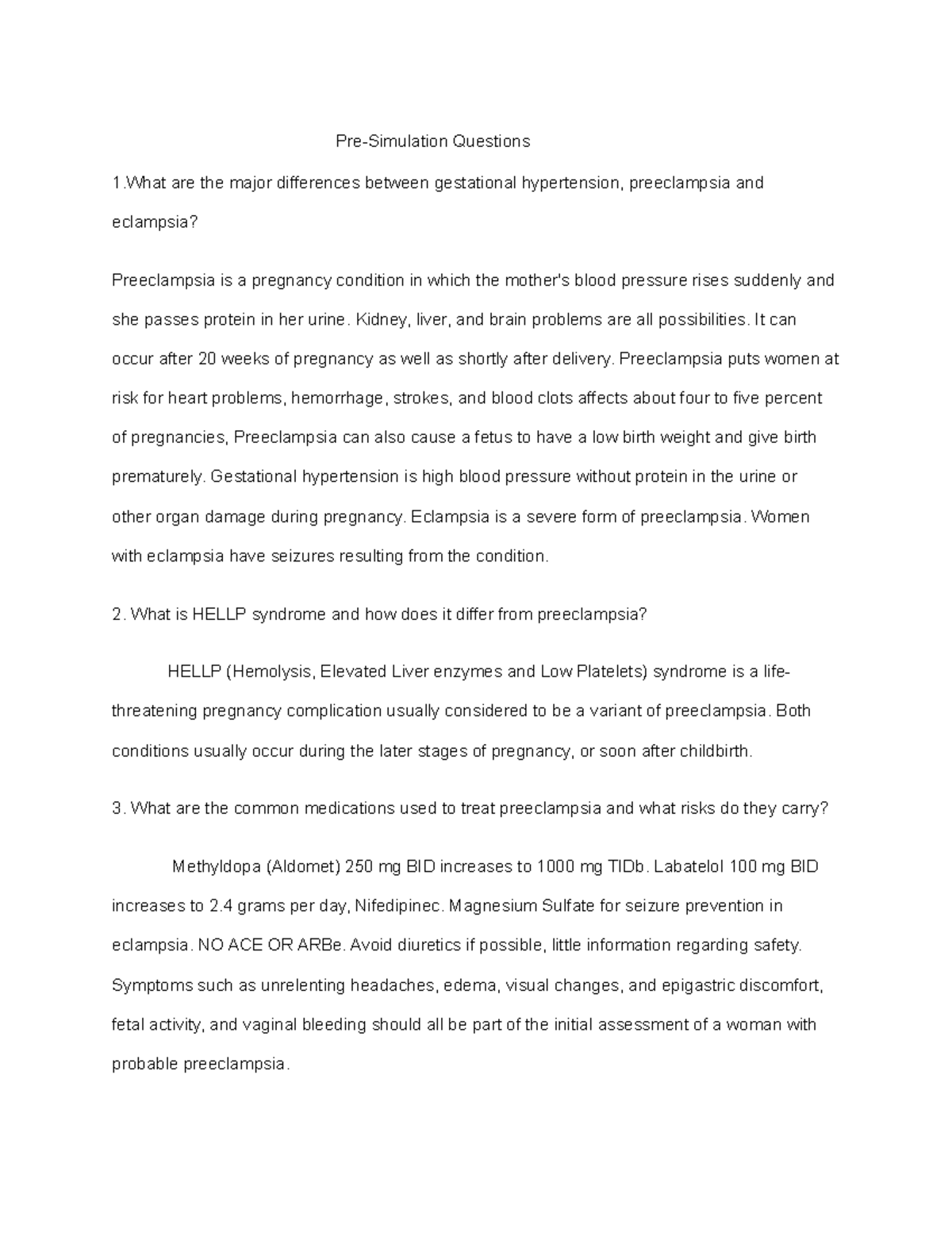 Preeclampsia simulation for week 1 clinical - Pre-Simulation Questions ...