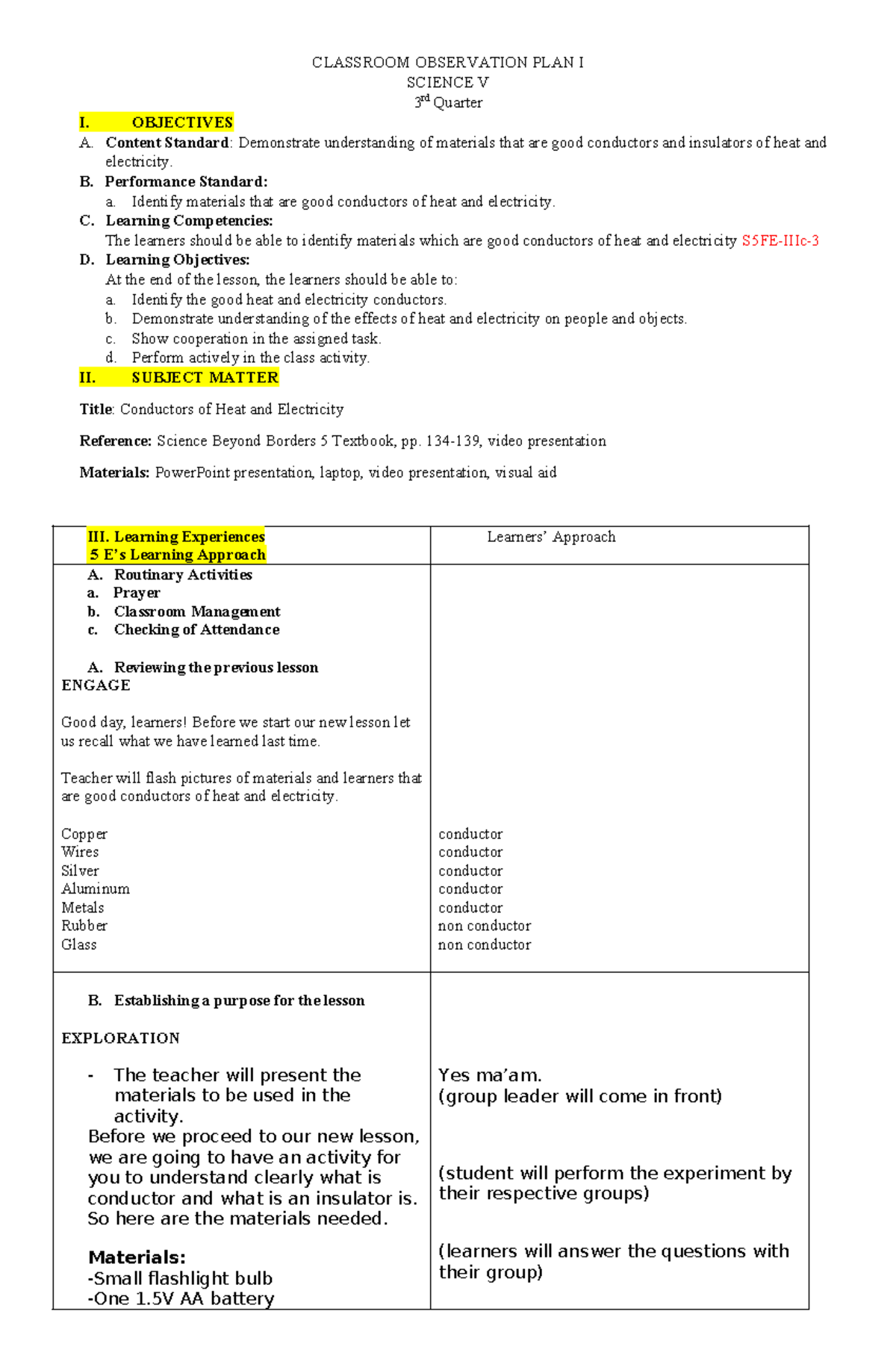 Classroom Observation PLAN I - CLASSROOM OBSERVATION PLAN I SCIENCE V 3 ...