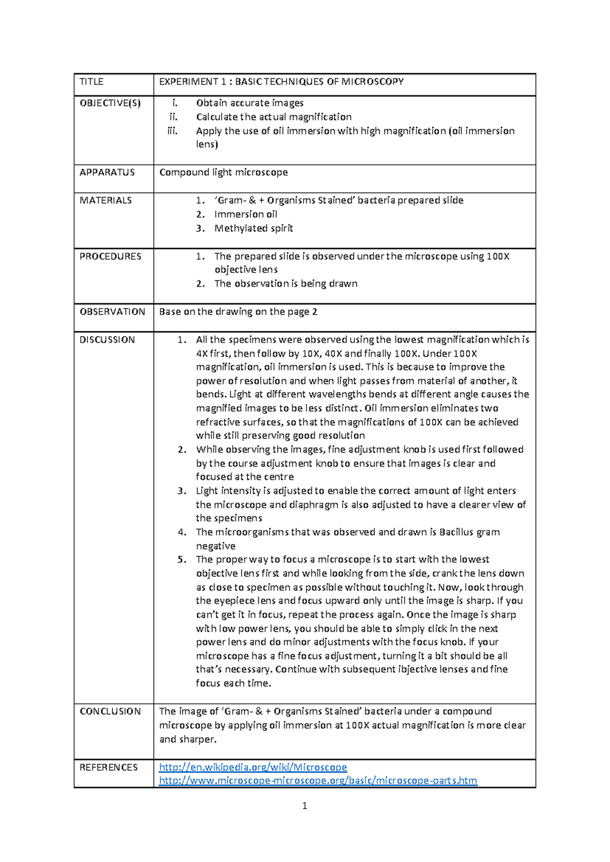 Lab report biology exp 1 - 1 TITLE EXPERIMENT 1 : BASIC TECHNIQUES OF MICROSCOPY OBJECTIVE(S) i ...