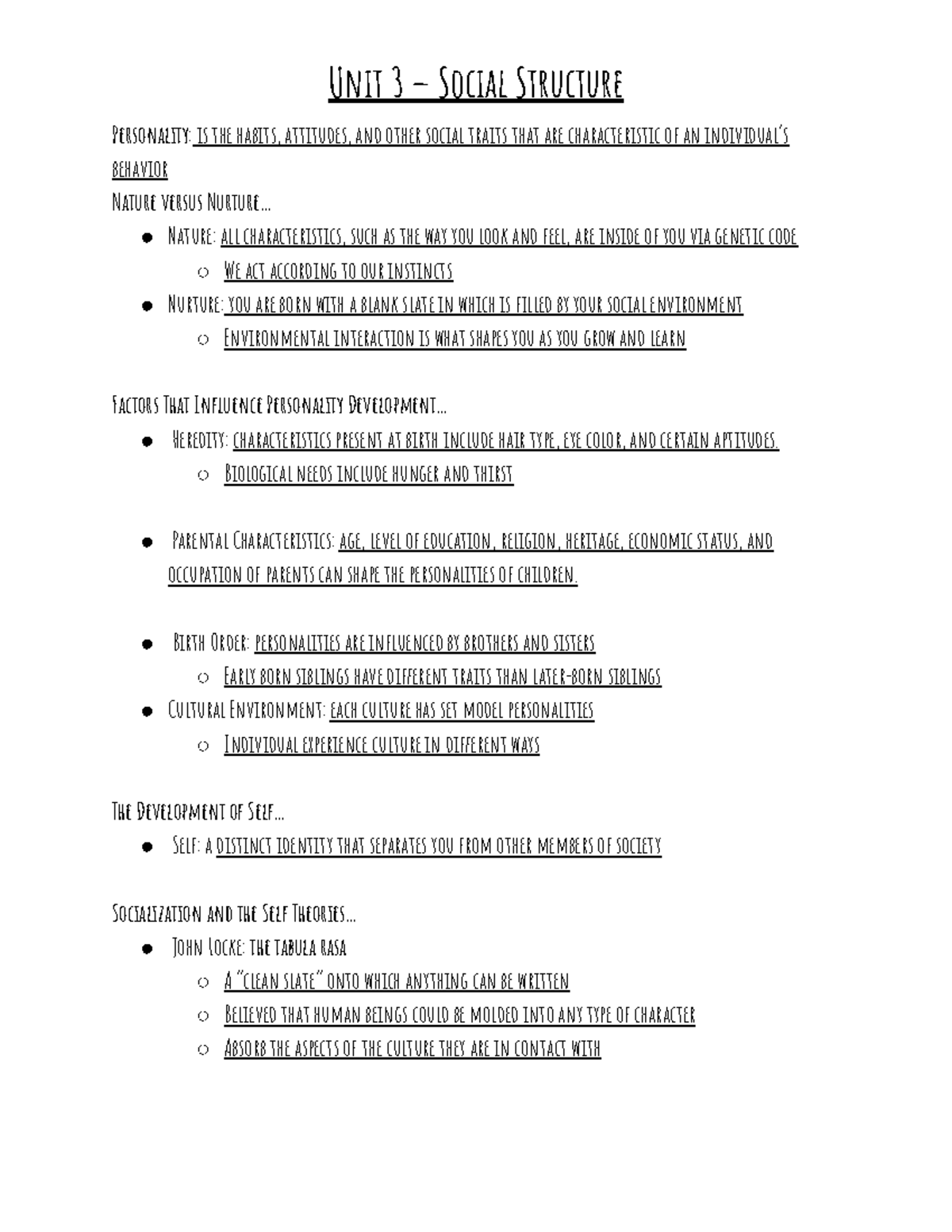 UNIT 3 notes - Personality: is the habits, attitudes, and other social ...