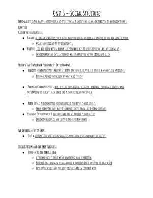 UNIT 2 notes - Society: consists of the people who share a culture ...