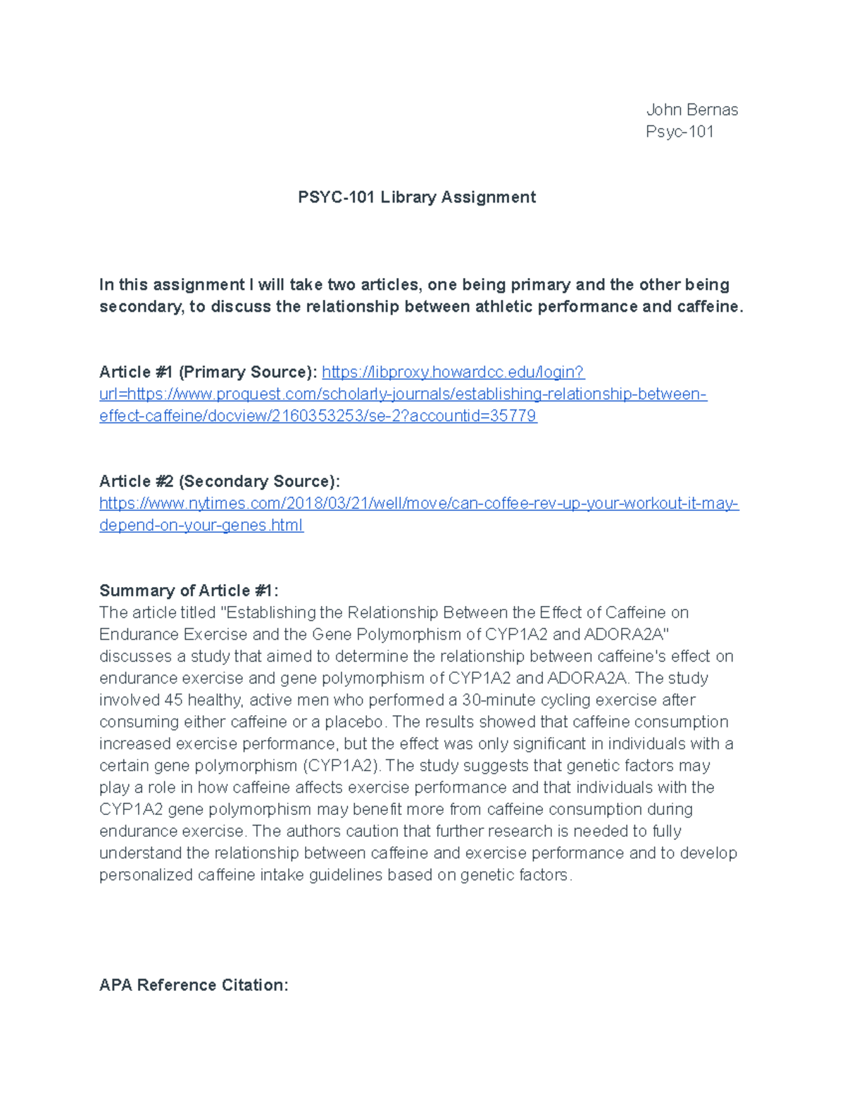 Psyc 101 Library Assignment John Bernas Psyc Psyc 101 Library Assignment In This Assignment I