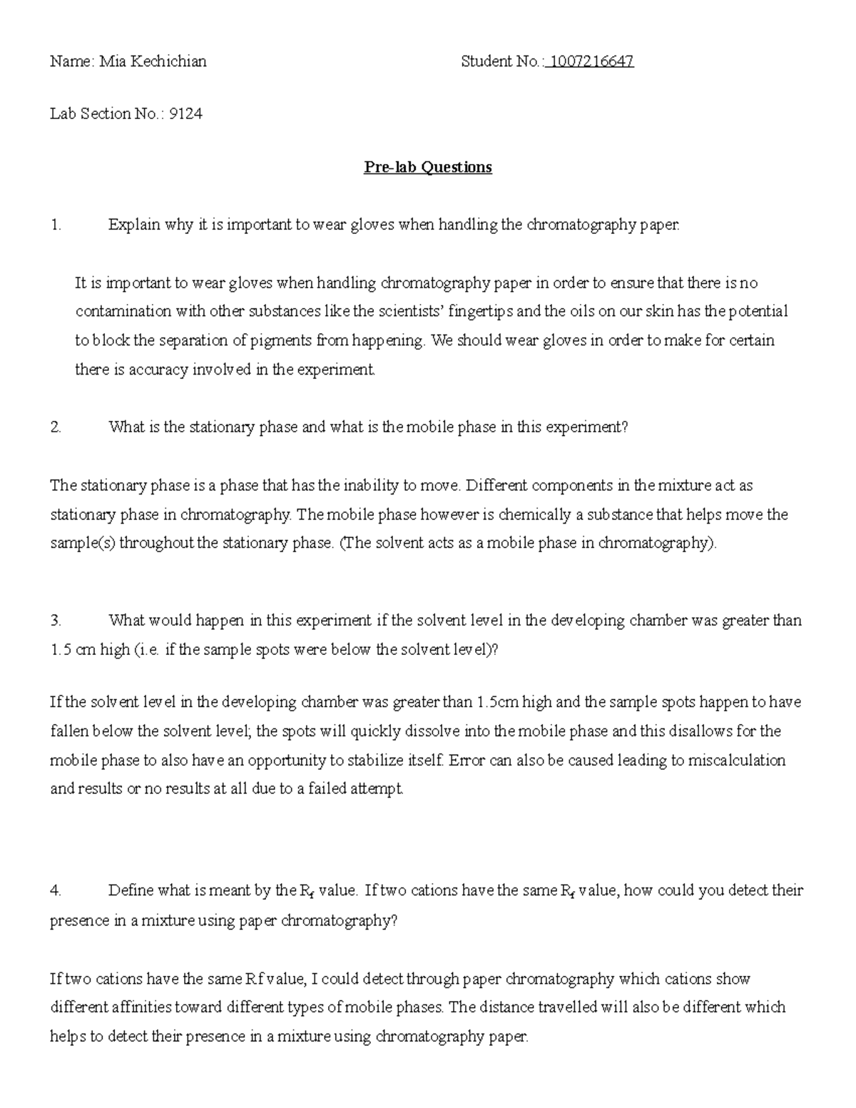 Experiment 1 - Pre-lab Questions and Data Sheet - 1007216647 - Name ...