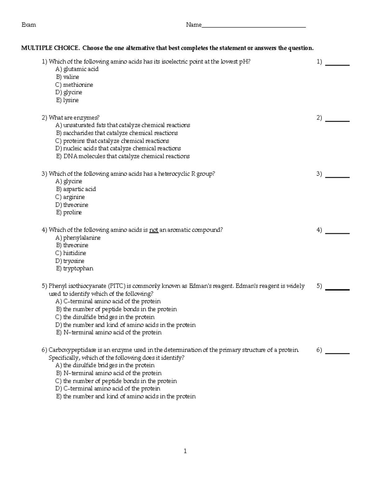 Proteins and Amino Acids - Exam Name ...