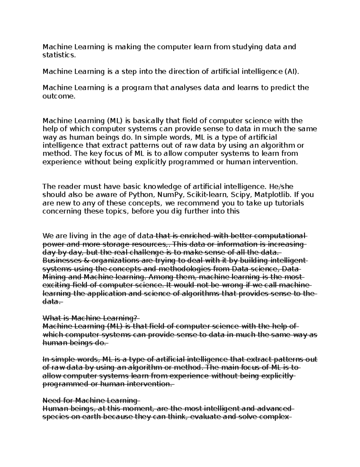 ML Notes - usefull - Machine Learning is making the computer learn from ...