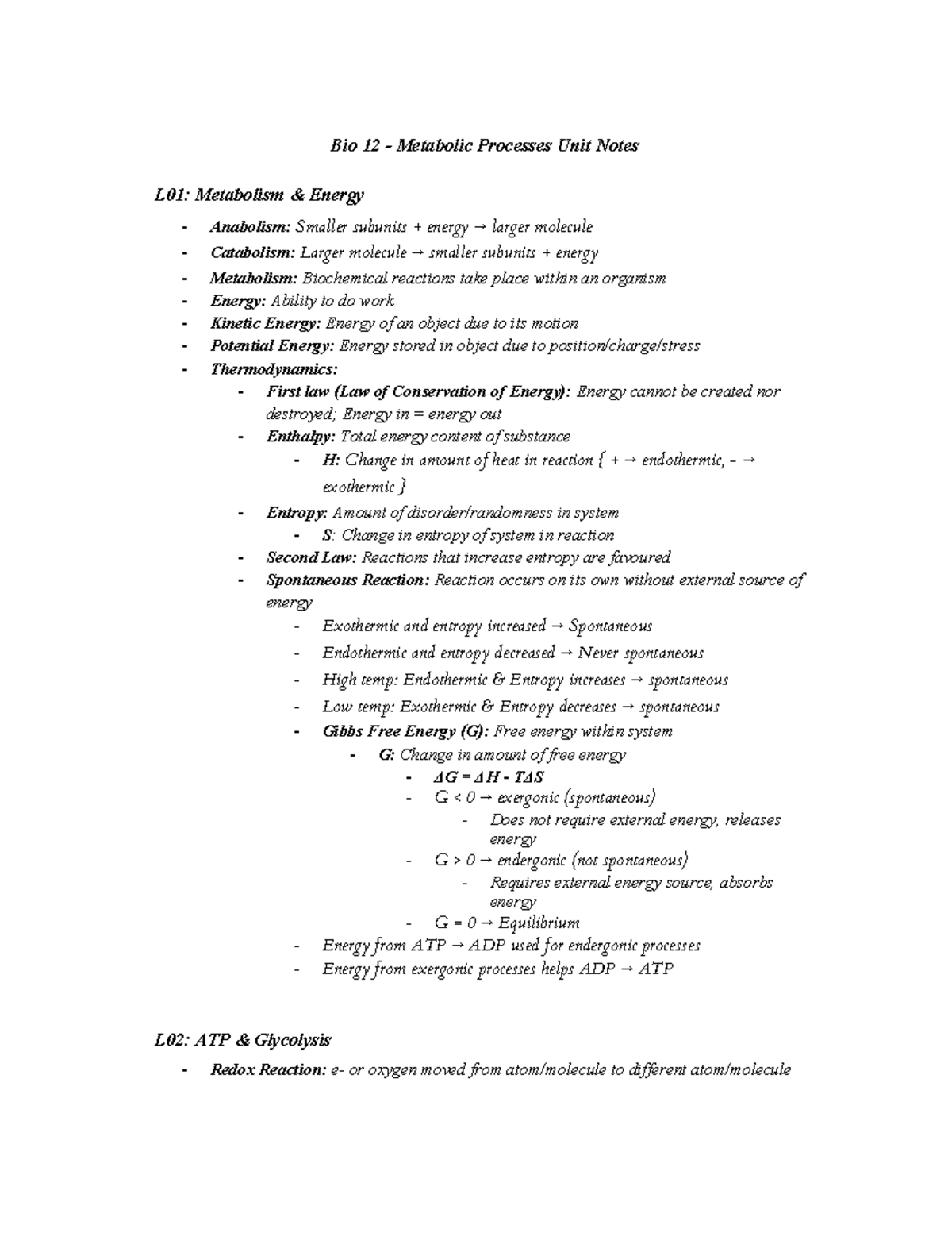 Bio 12 - Metabolic Processes Unit Notes - ATP stores 2. ATP/PC system ...