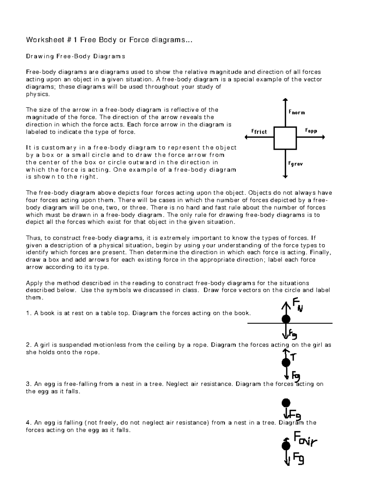 Physics Free Body Diagram Packet - Wor k sheet # 1 Fr ee Body or For ce ...