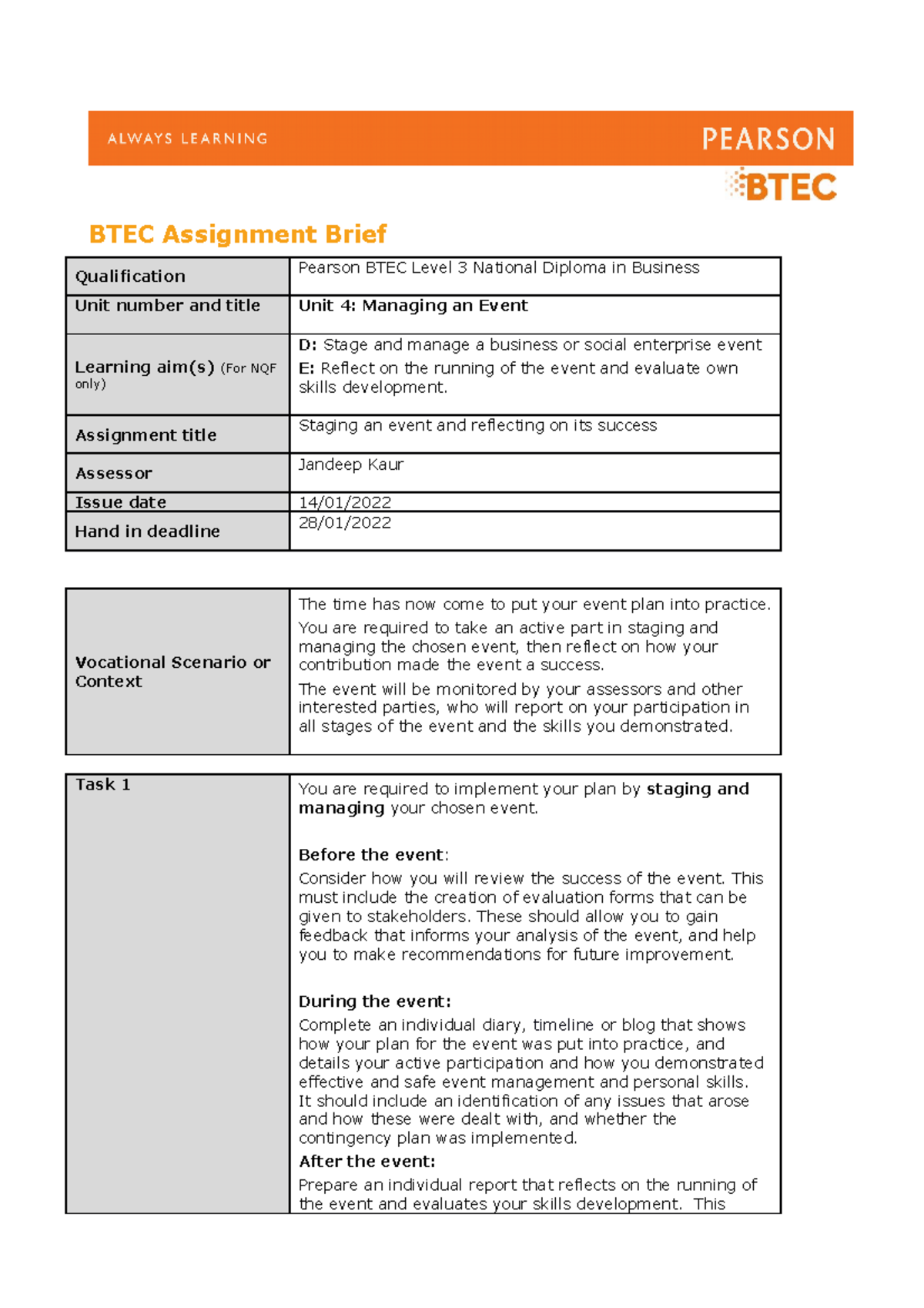 Unit 4 Assignment 4 - Business Unit 4 A4 - BTEC Assignment Brief Qualification Pearson BTEC ...