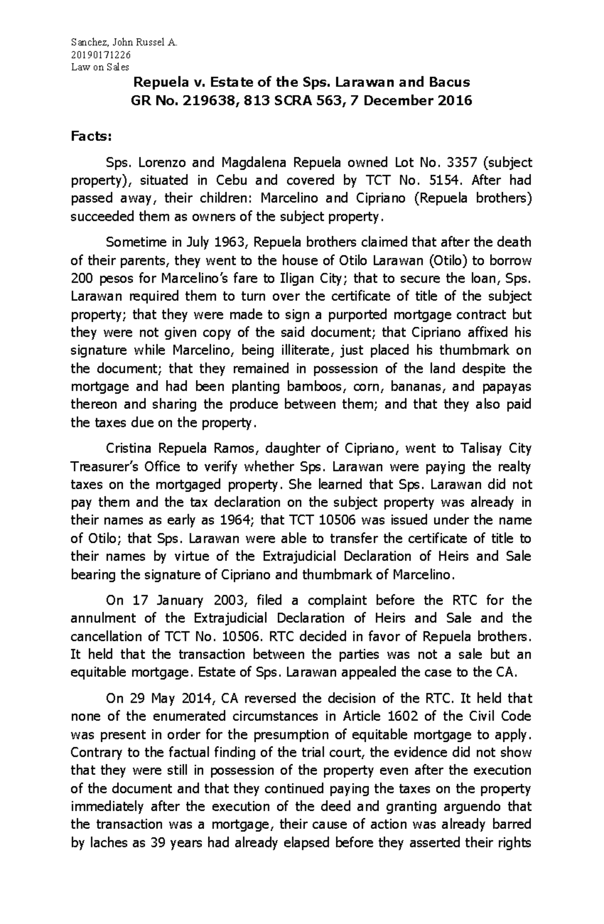 Repuela vs Larawan - 20190171226 Law on Sales Repuela v. Estate of the ...