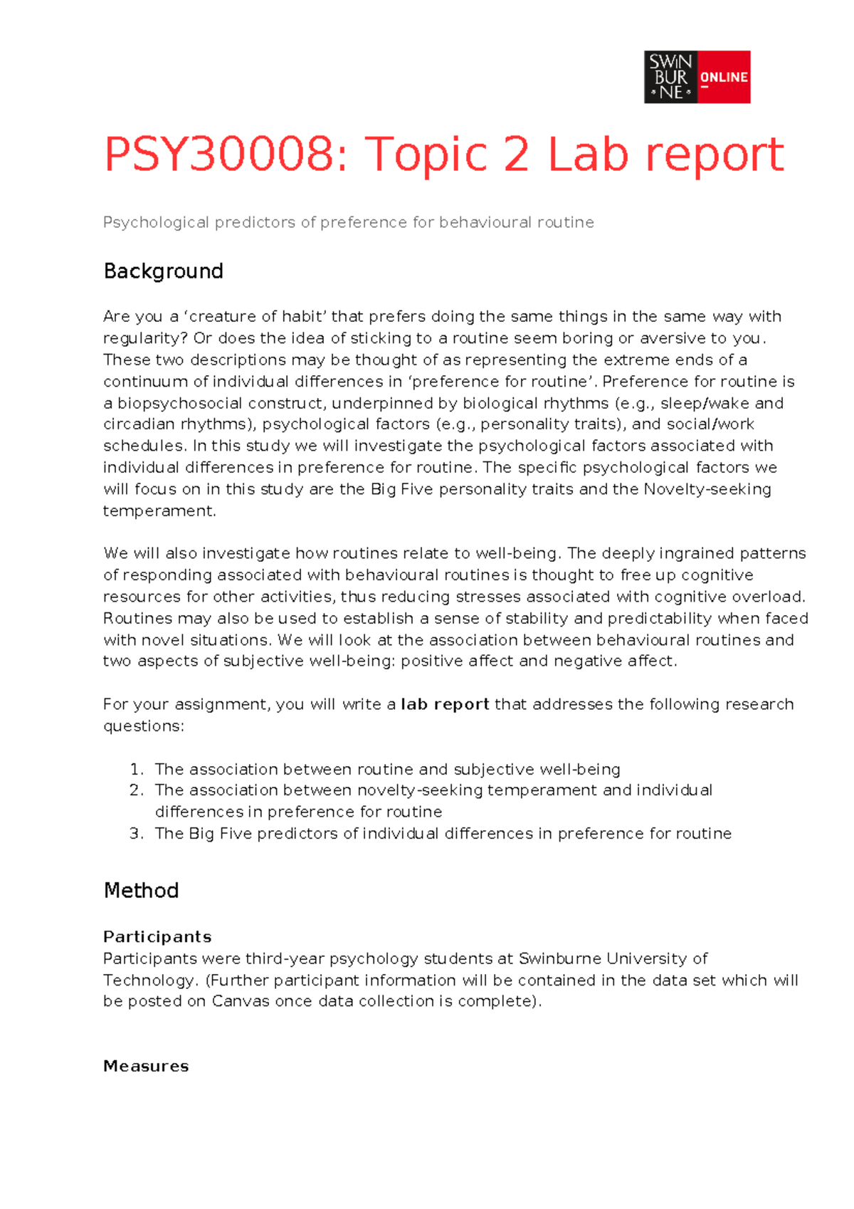 Assignment 2 Topic 2 supporting documentation - PSY30008: Topic 2 Lab ...