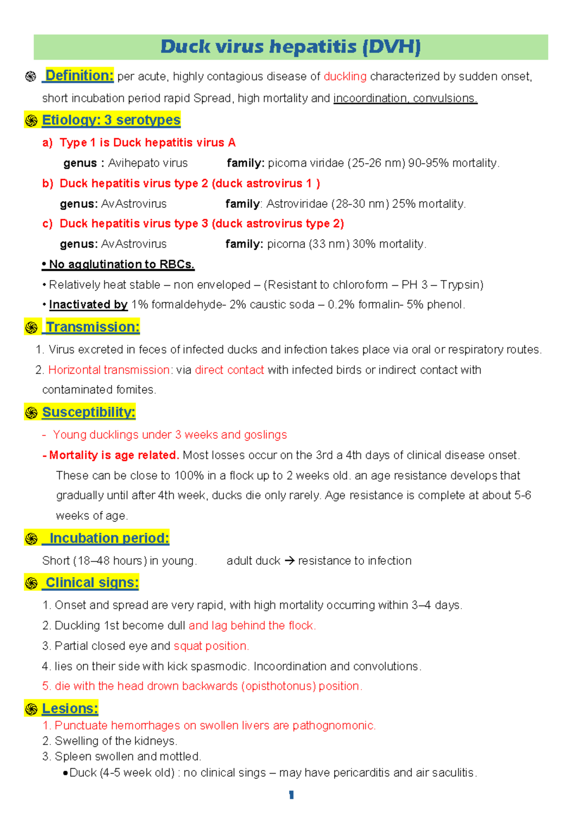Duck virus hepatitis - ֍ Etiology: 3 serotypes a) Type 1 is Duck ...