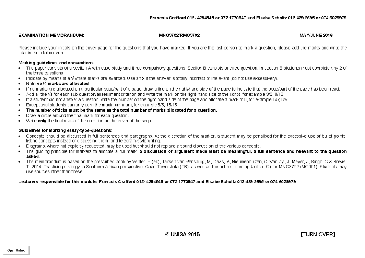 MNG3702 EXAM MAY JUNE 2016 MEMO E - Francois Crafford 012- 4294545 or ...