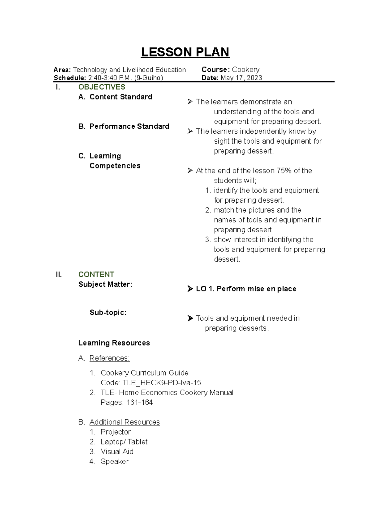 COOKERY 9 LESSON PLAN - LESSON PLAN Area: Technology and Livelihood ...