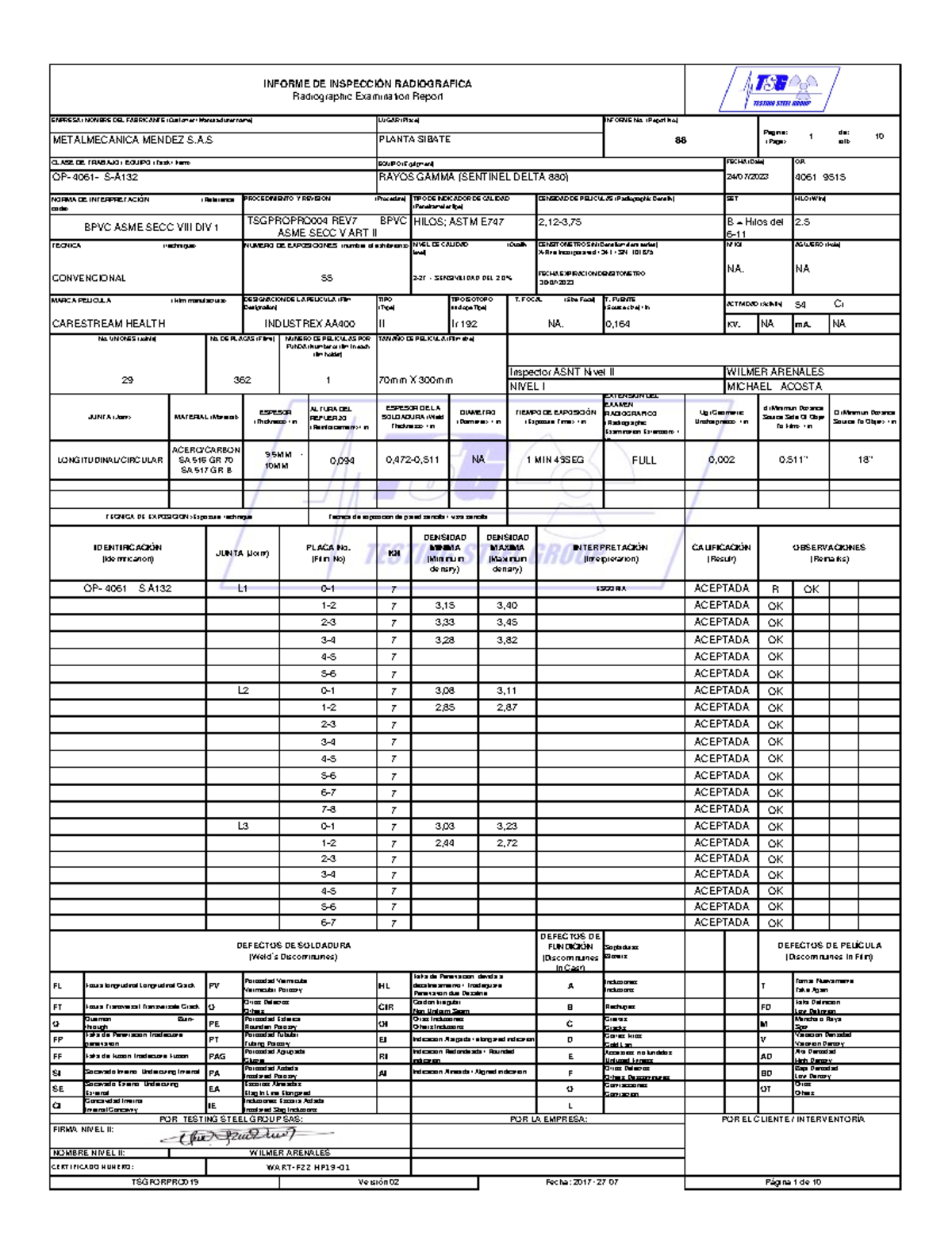 Informe RX 88 Metal MEND Cister 4061 - 54 KV. mA. ALTURA DEL REFUERZO ...