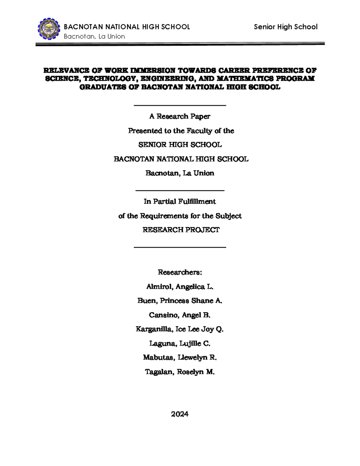 Manuscript - Bacnotan, La Union RELEVANCE OF WORK IMMERSION TOWARDS ...