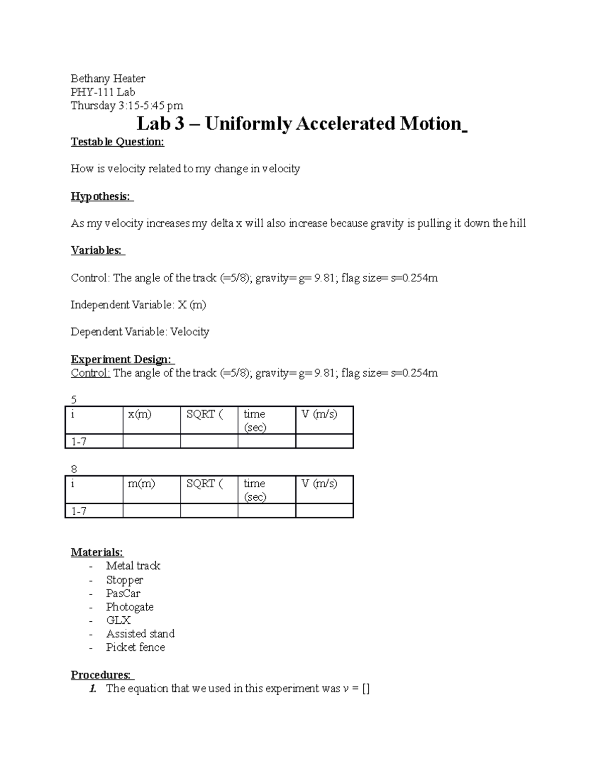 PHY-111 LAB 3 1:26 - Lab answers - Bethany Heater PHY-111 Lab Thursday ...