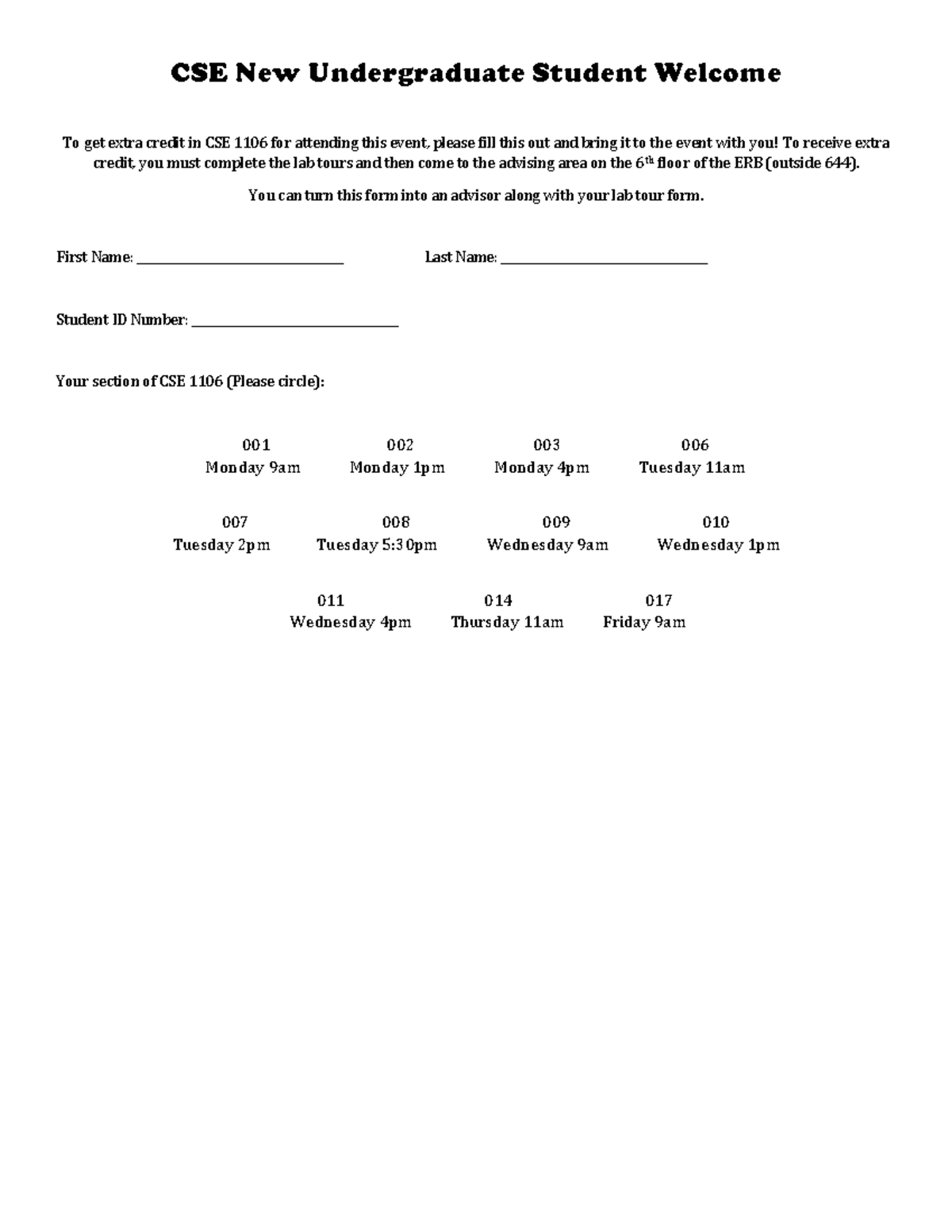 New Student Welcome Extra Credit Form - CSE New Undergraduate Student ...