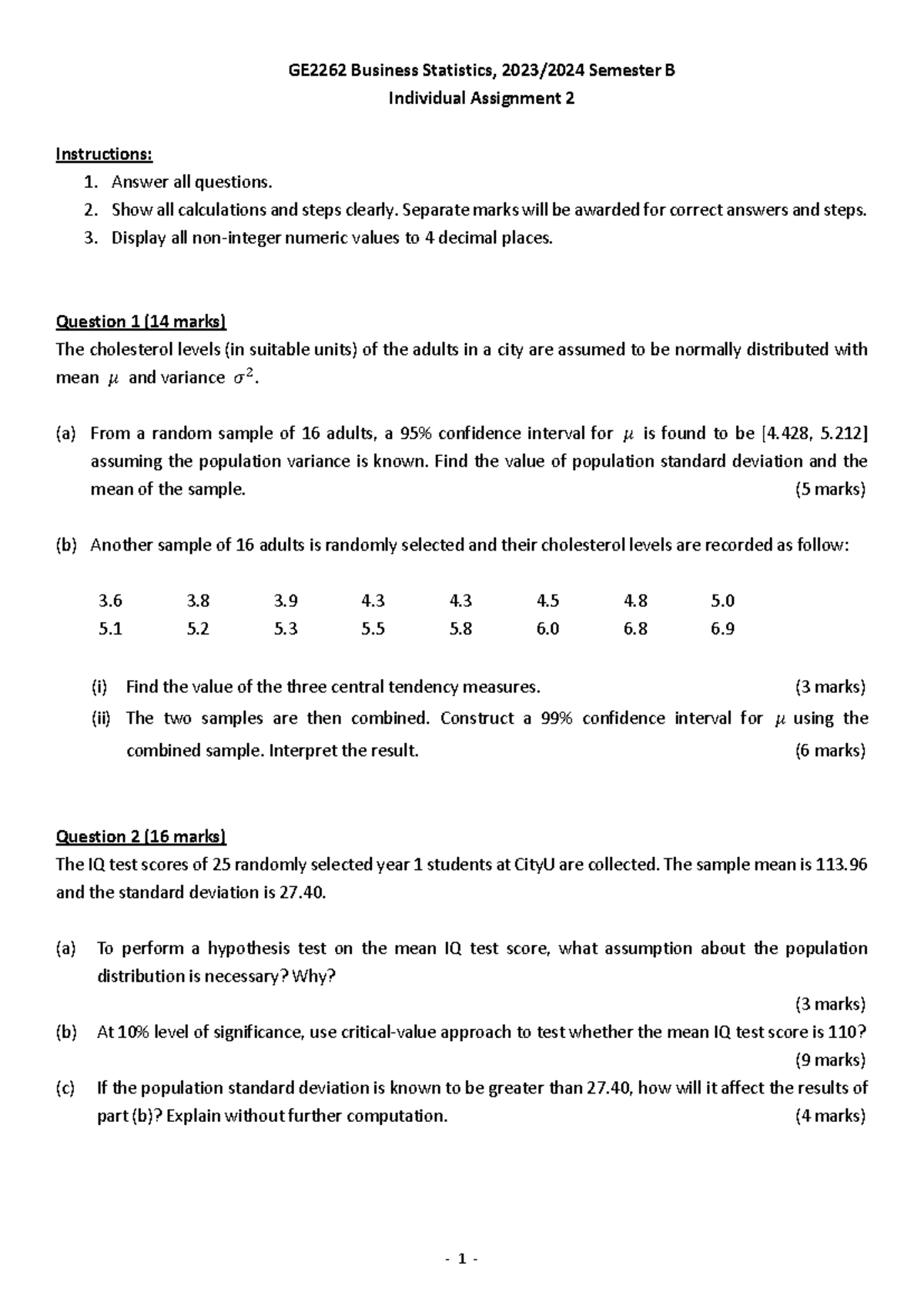 Assignment 2 Questions - 1 - GE2262 Business Statistics, 2023/2024 ...