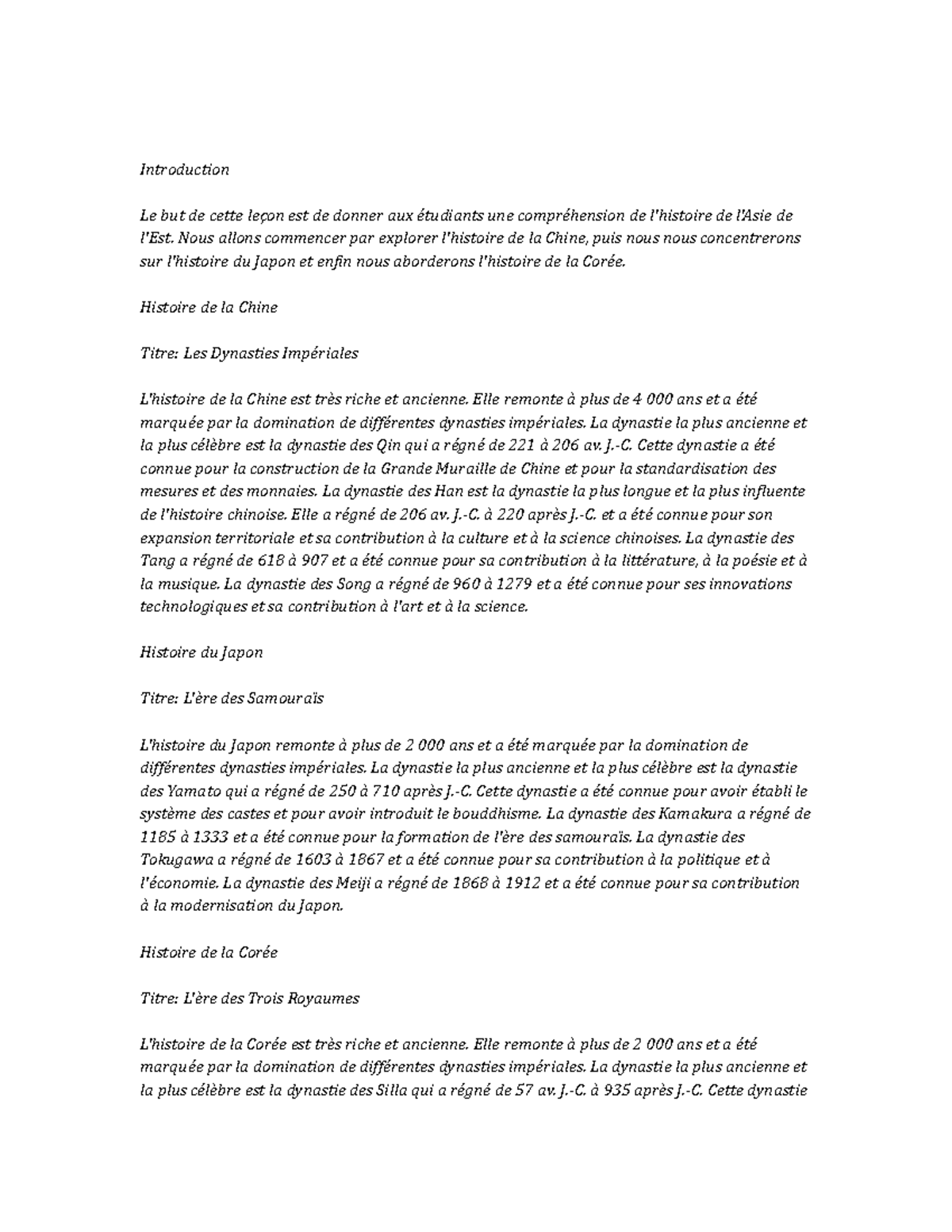 History of East Asia Study Notes - Introduction Le but de cette leçon ...