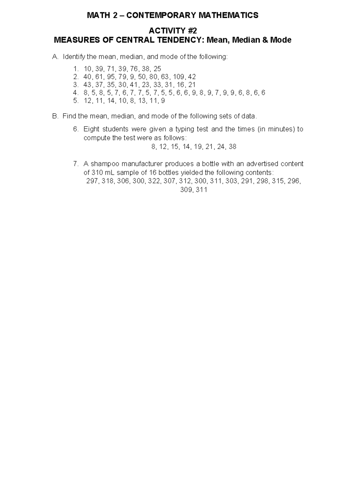 MATH 2 - Activity 2 - MEAN Median, MODE - MATH 2 – CONTEMPORARY ...