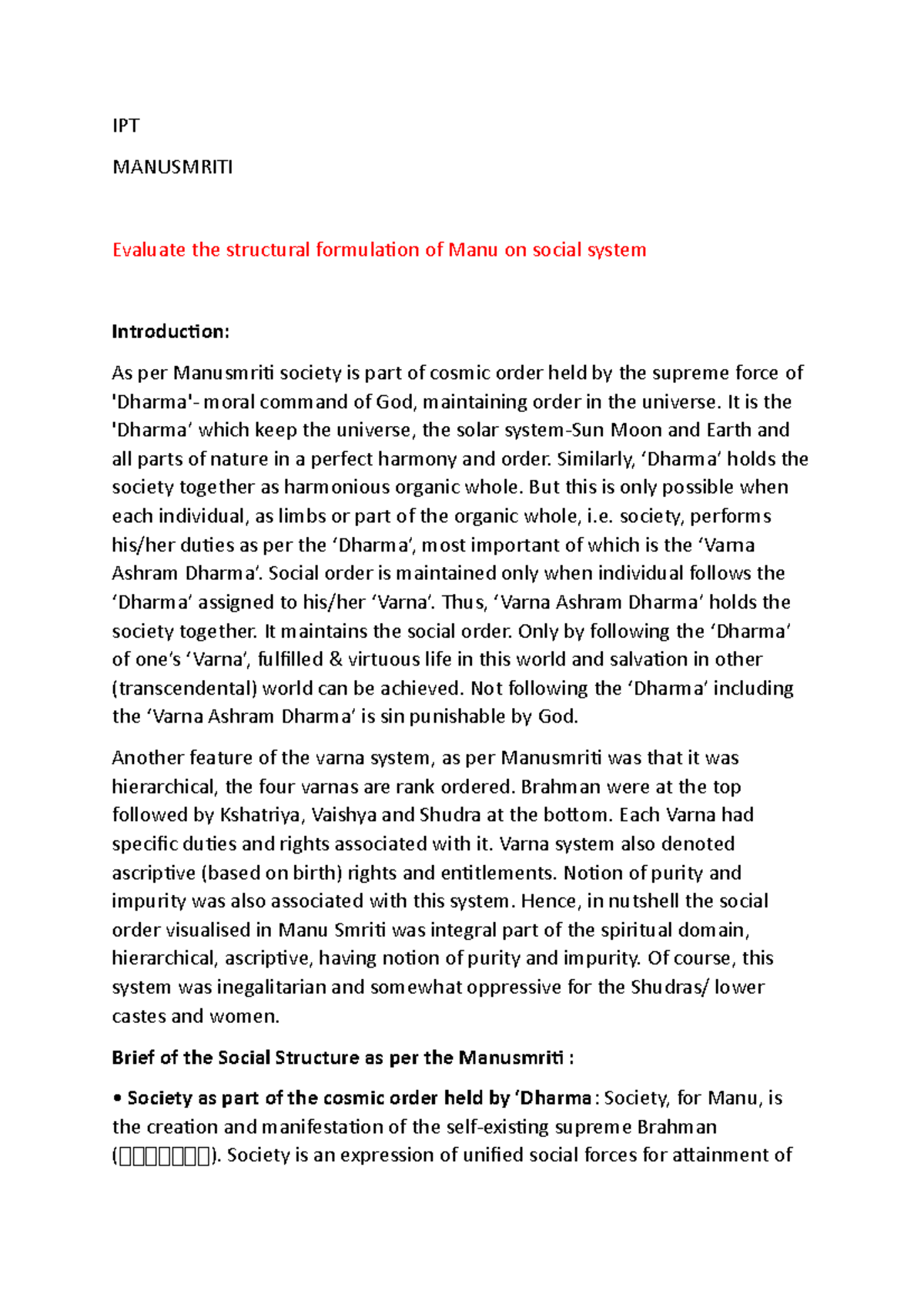 IPT manu - NOTES - IPT MANUSMRITI Evaluate the structural formulation ...