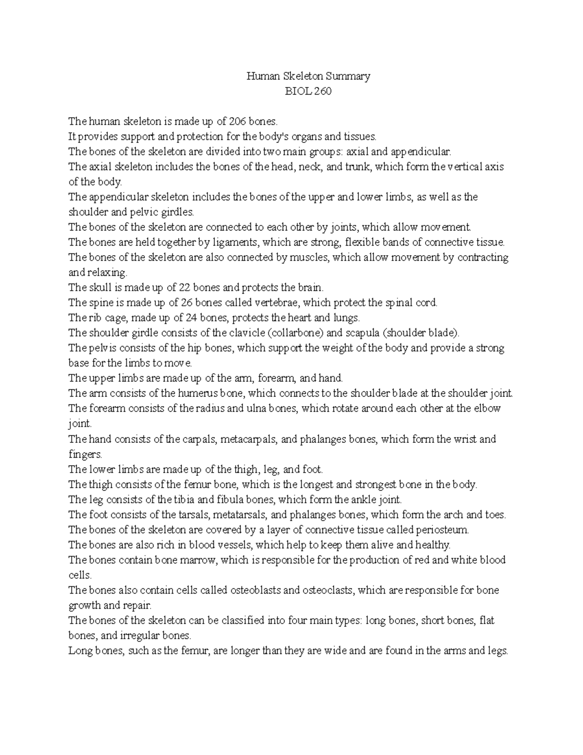 Human Skeleton Summary - Human Skeleton Summary BIOL 260 The human ...