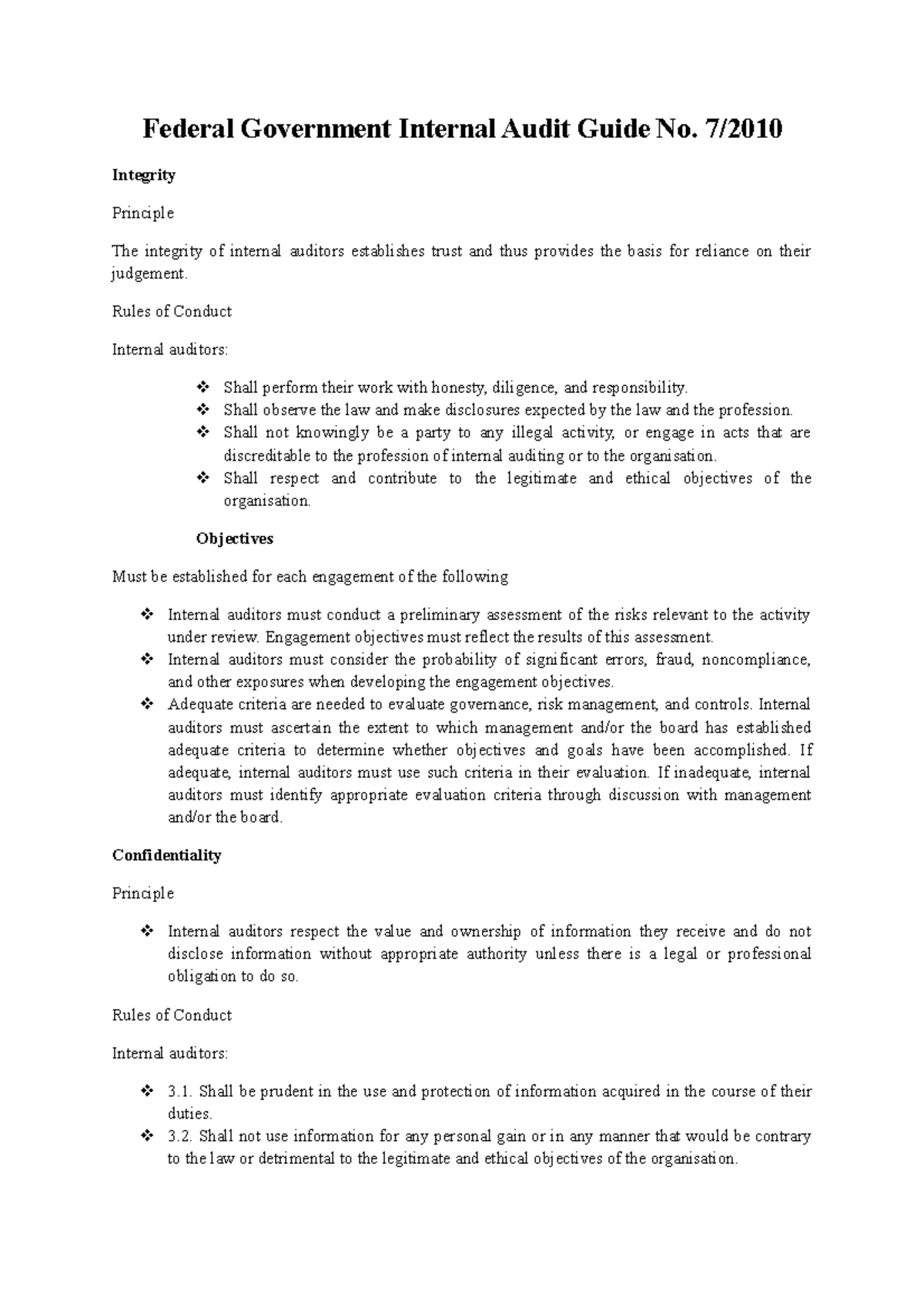 Federal Government Internal Audit Guide No - 7/ Integrity Principle The ...