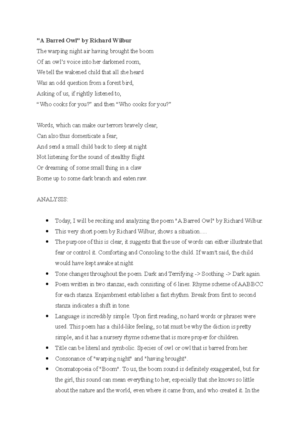 A Barred Owl Analysis - "A Barred Owl" by Richard Wilbur The warping ...
