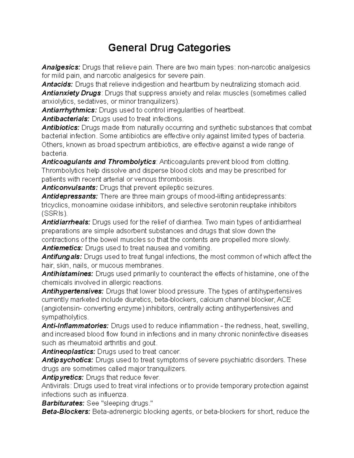 Medication Print - General Drug Categories Analgesics: Drugs that ...