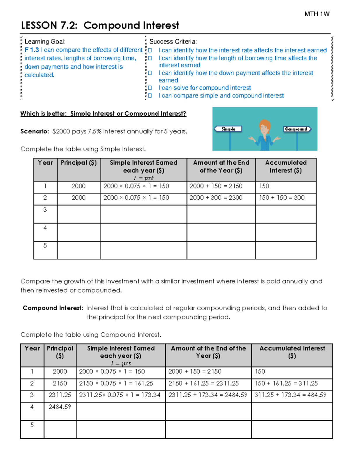 Compound Interest - MTH 1W LESSON 7: Compound Interest Which is better ...