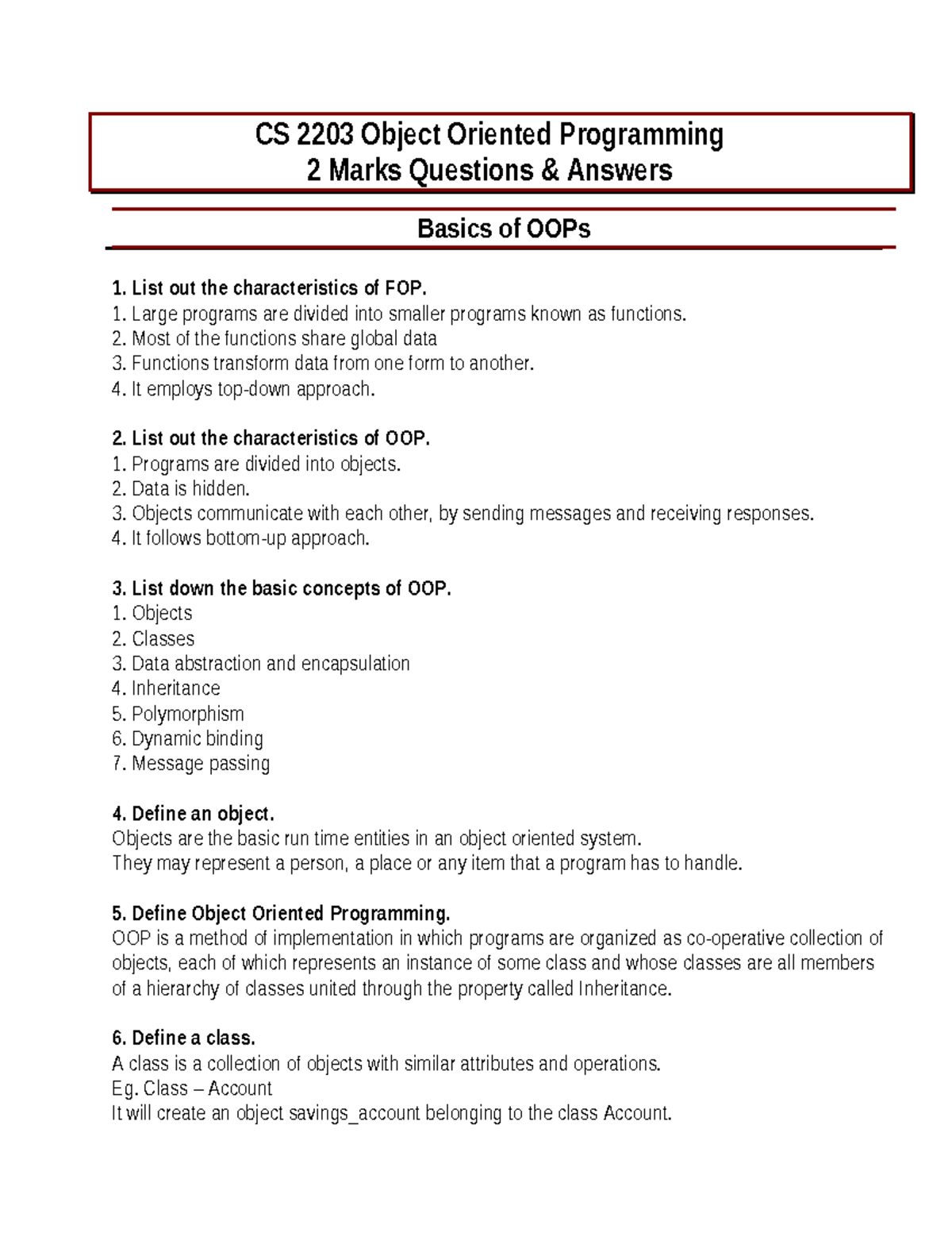 2 marks questions oop - Object oriented programning - CS 2203 Object Oriented Programming 2 ...