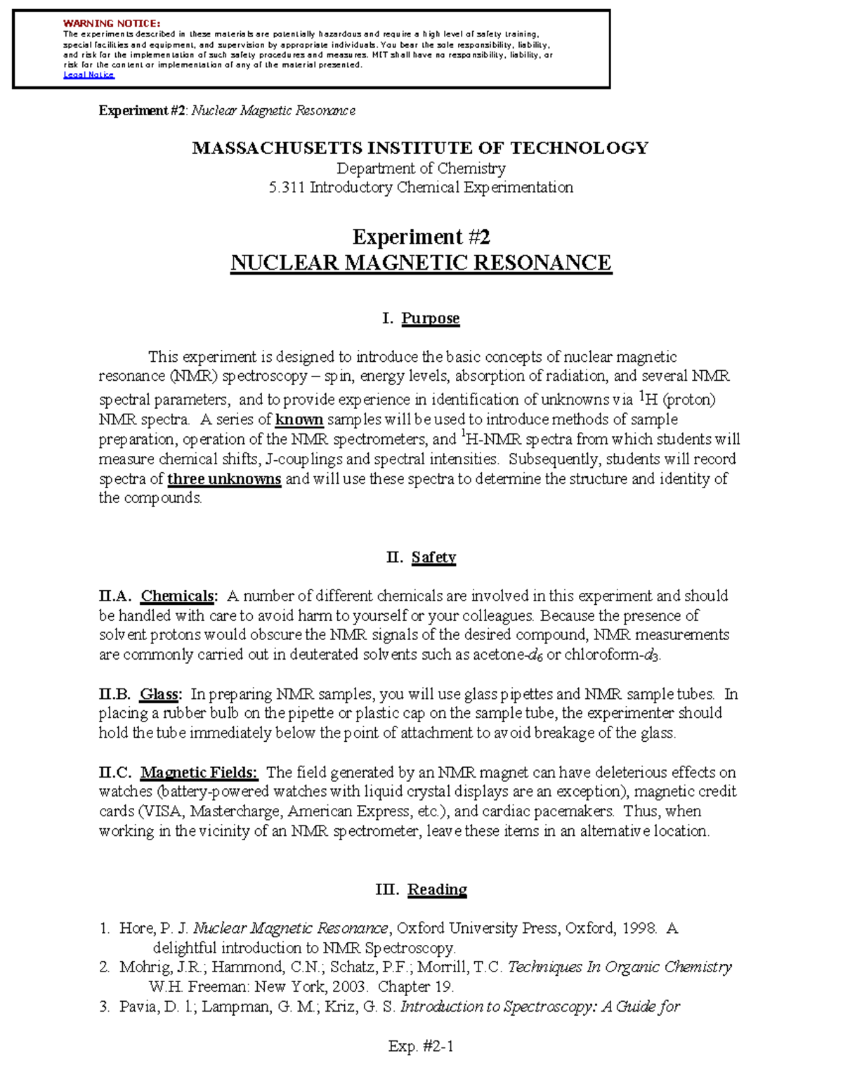 Nmr - lab report - WARNING NOTICE: The experiments described in these ...