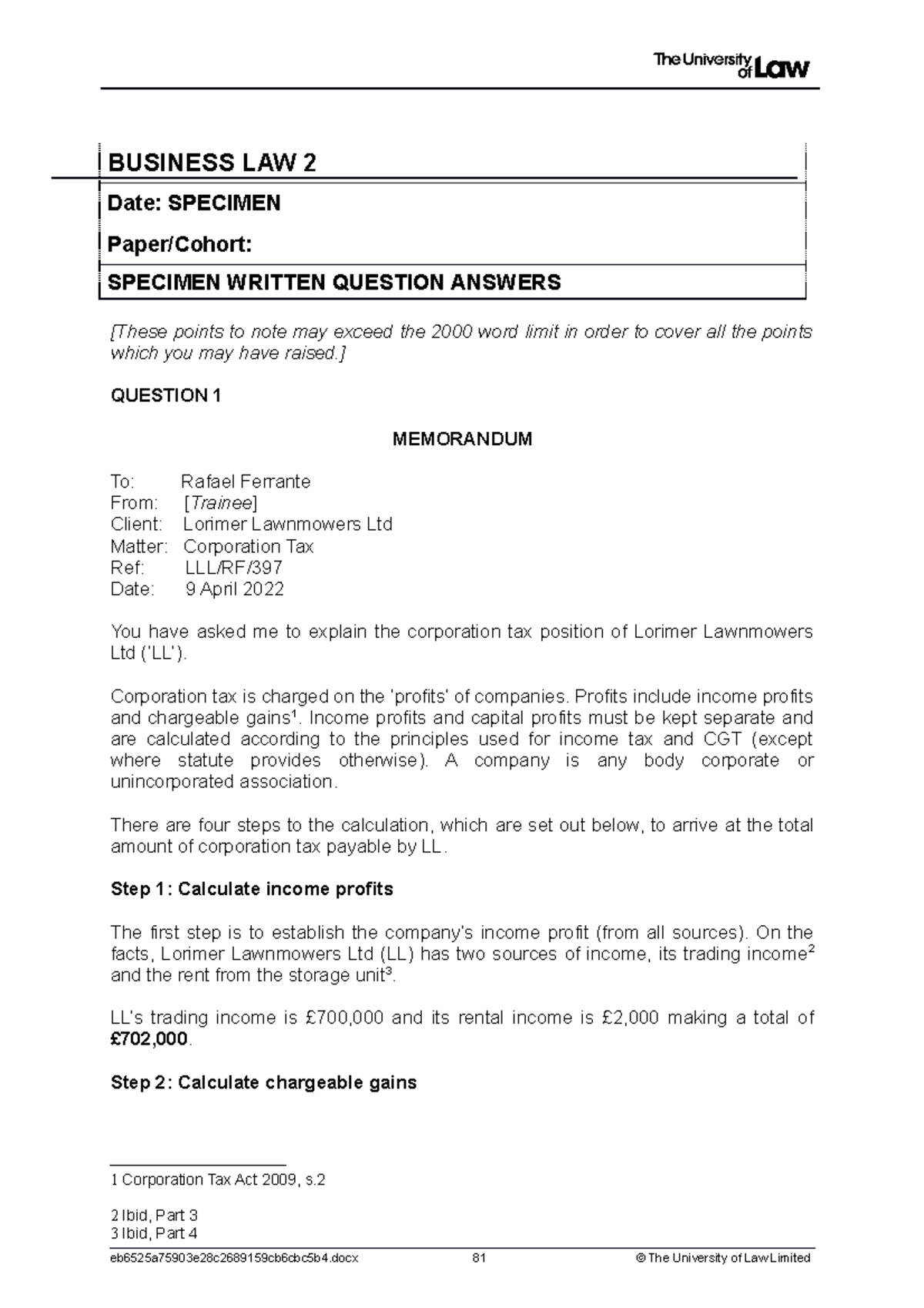 Memorandum answer paper - BUSINESS LAW 2 Date: SPECIMEN Paper/Cohort ...