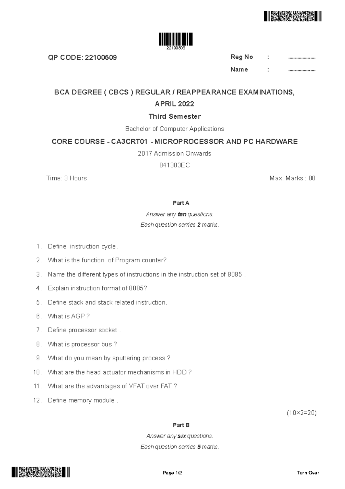 Microprocessor AND PC Hardware - QP CODE: 22100509 Reg No : ..................... Name : - Studocu