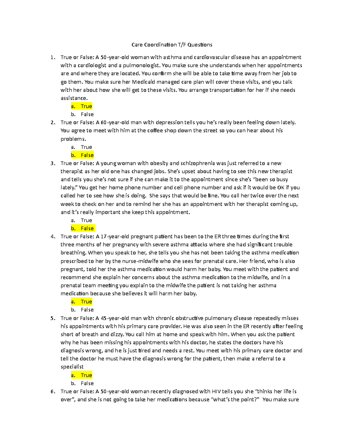 Care Coordination True False Questions - Care Coordination T/F ...