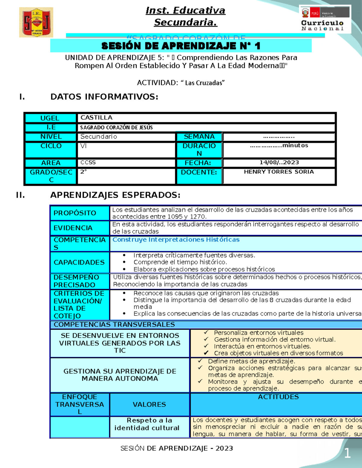 11 Sesion CCSS 2° SEC- Semana 01 UNI 5 - SESIÓN DE APRENDIZAJE N° 1 UNIDAD DE APRENDIZAJE 5 ...