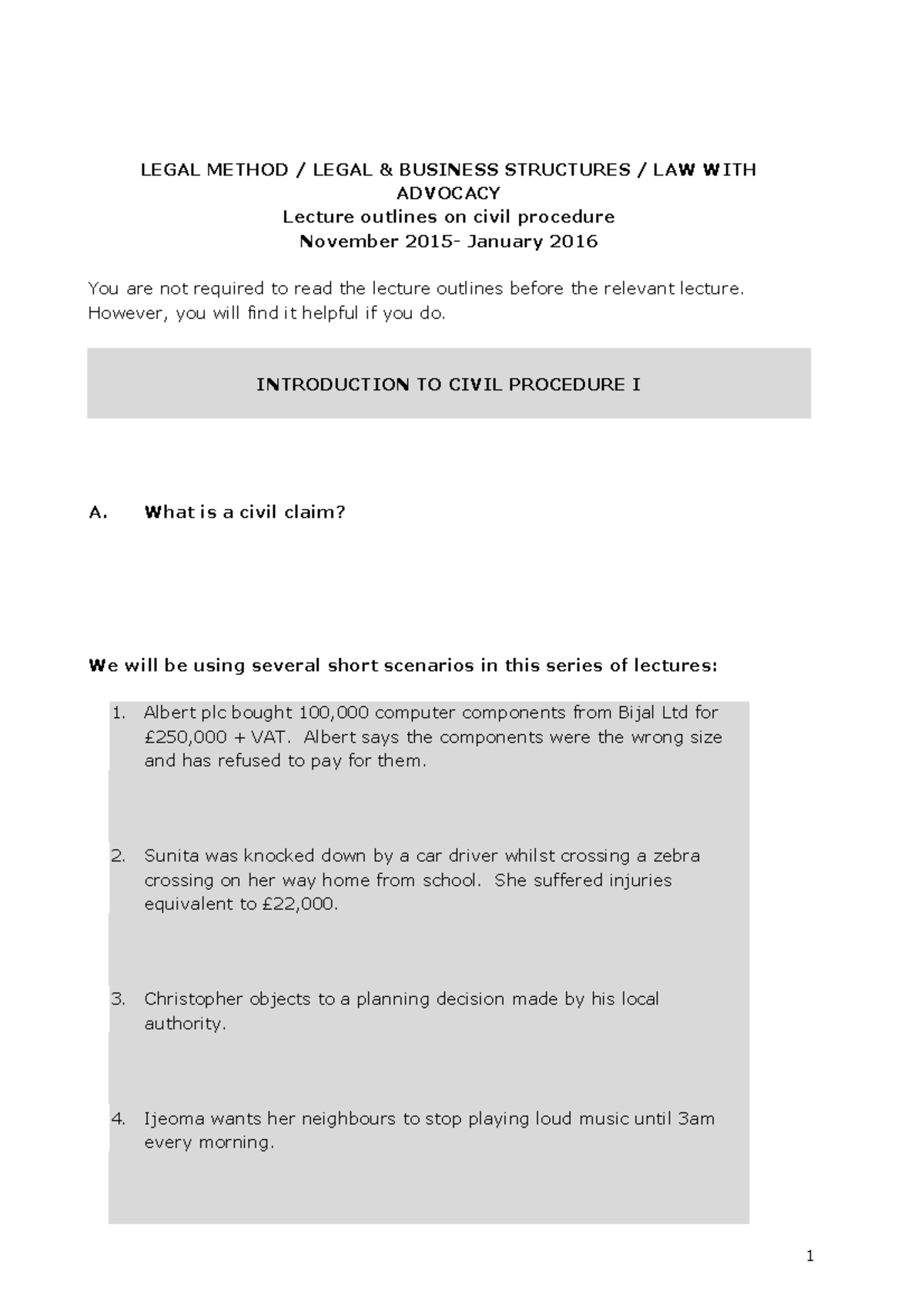 INTRODUCTION TO CIVIL PROCEDURE I - LEGAL METHOD / LEGAL & BUSINESS ...