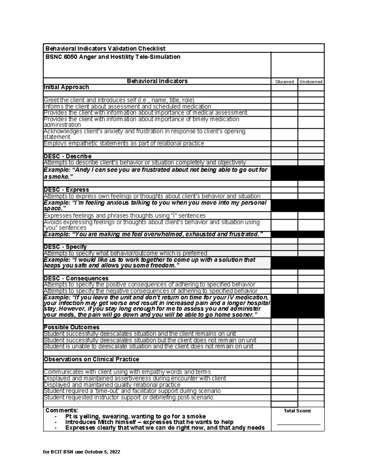 BSNC 6055 Anger and Hostility Behavioral Indicators Checklist ...
