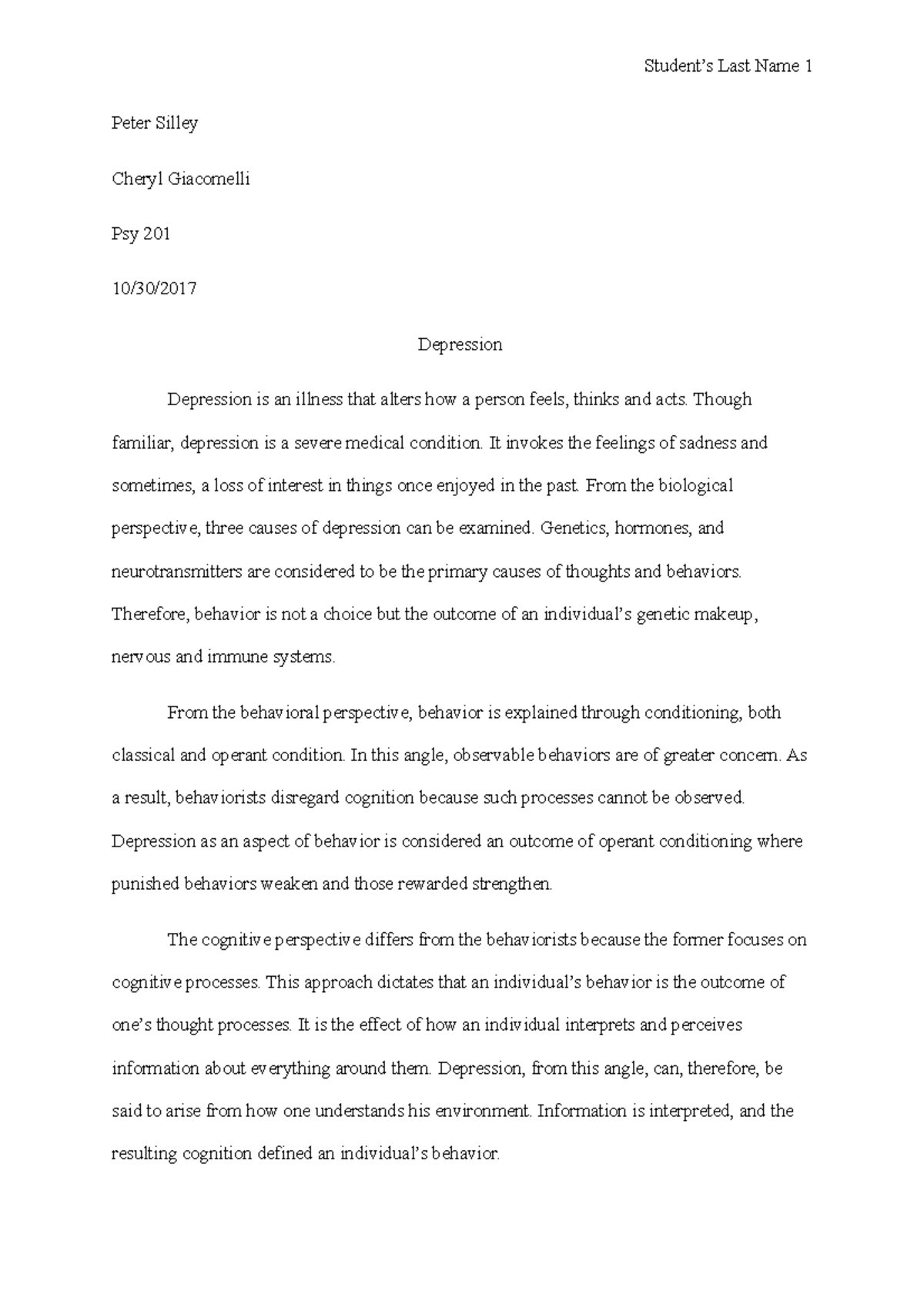 Depression - Assignment - Student’s Last Name 1 Peter Silley Cheryl ...