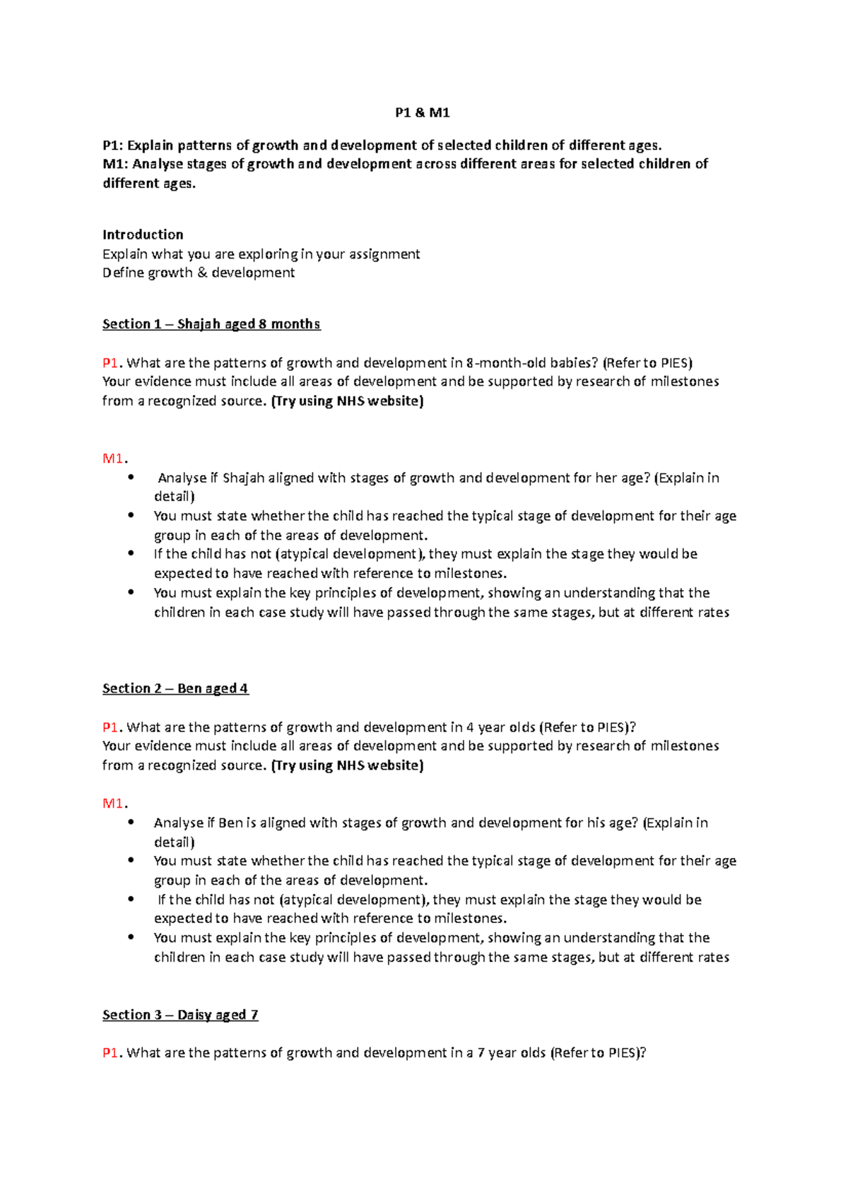 P1,M1-UNIT 18 - P1 & M P1: Explain patterns of growth and development of selected children of ...