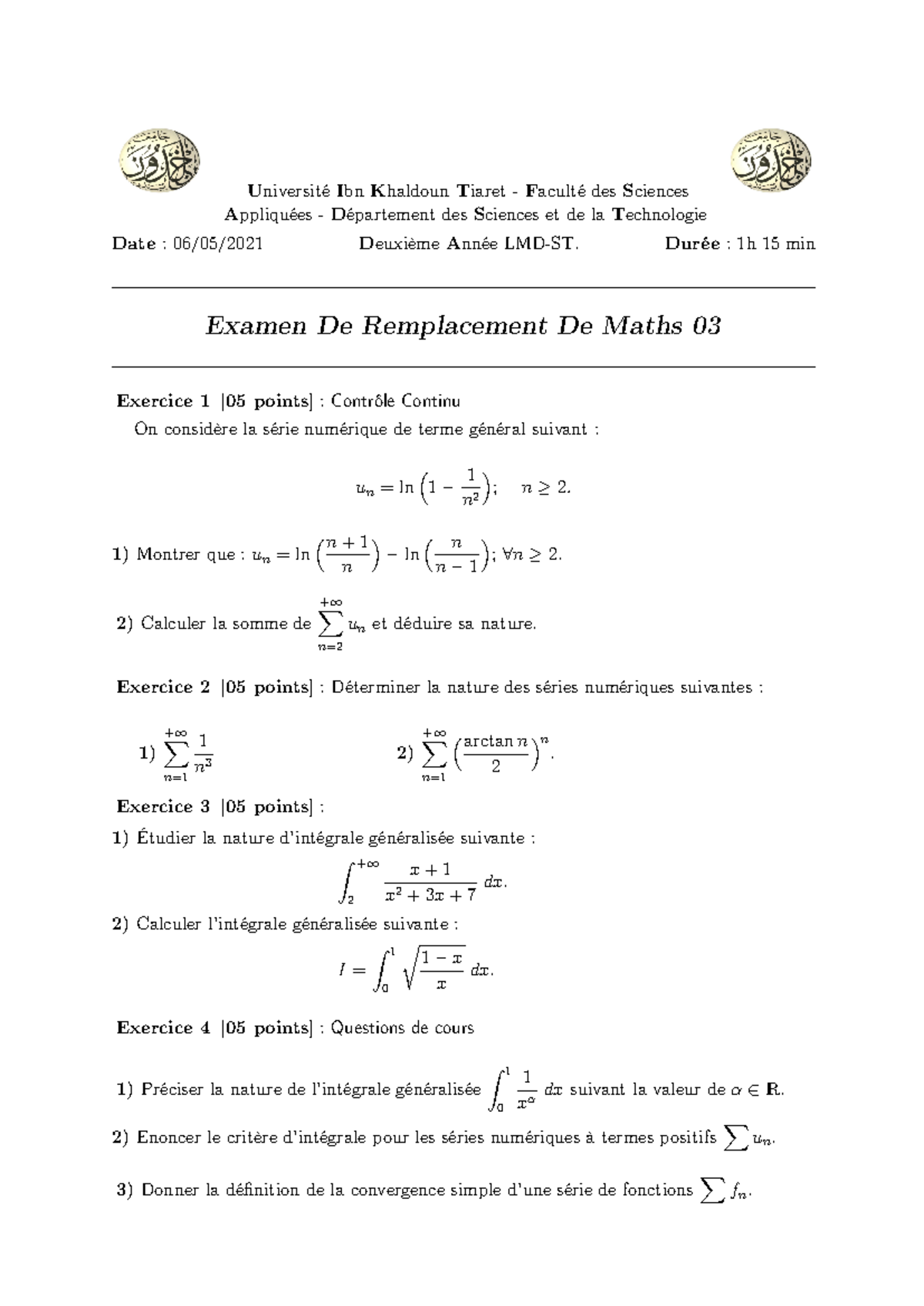 Examen 2 Mathématique 3 2021 Tiaret - Université Ibn Khaldoun Tiaret ...
