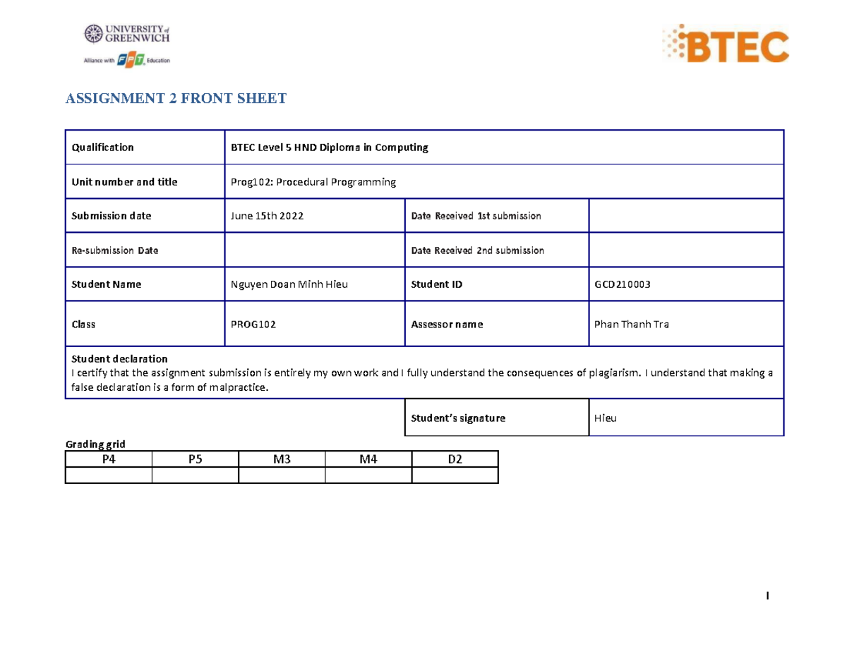 Assignment 2-Minh Hiếu 16 - ASSIGNMENT 2 FRONT SHEET Qualification BTEC Level 5 HND Diploma in ...