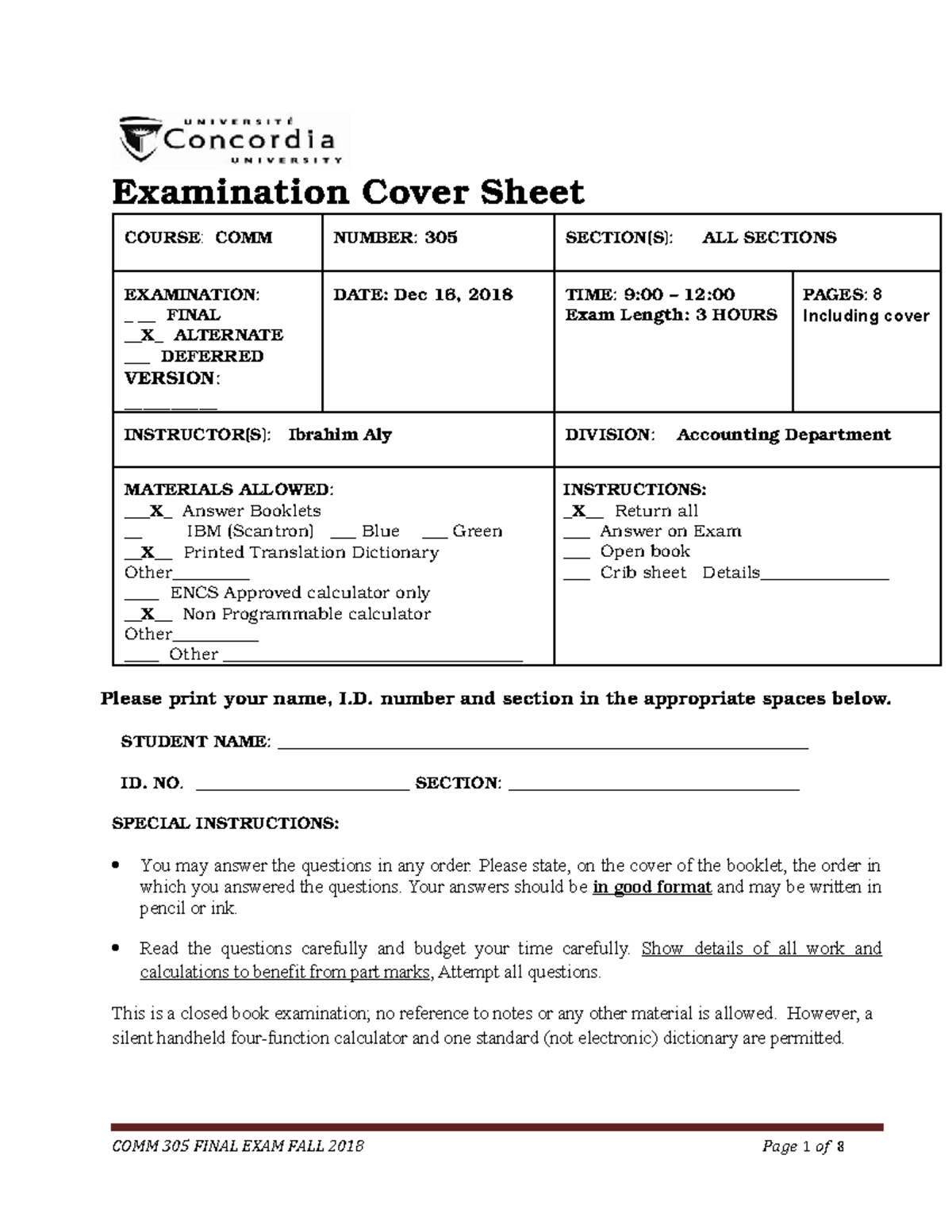 FINAL EXAM 2018, questions and answers - Examination Cover Sheet COURSE ...