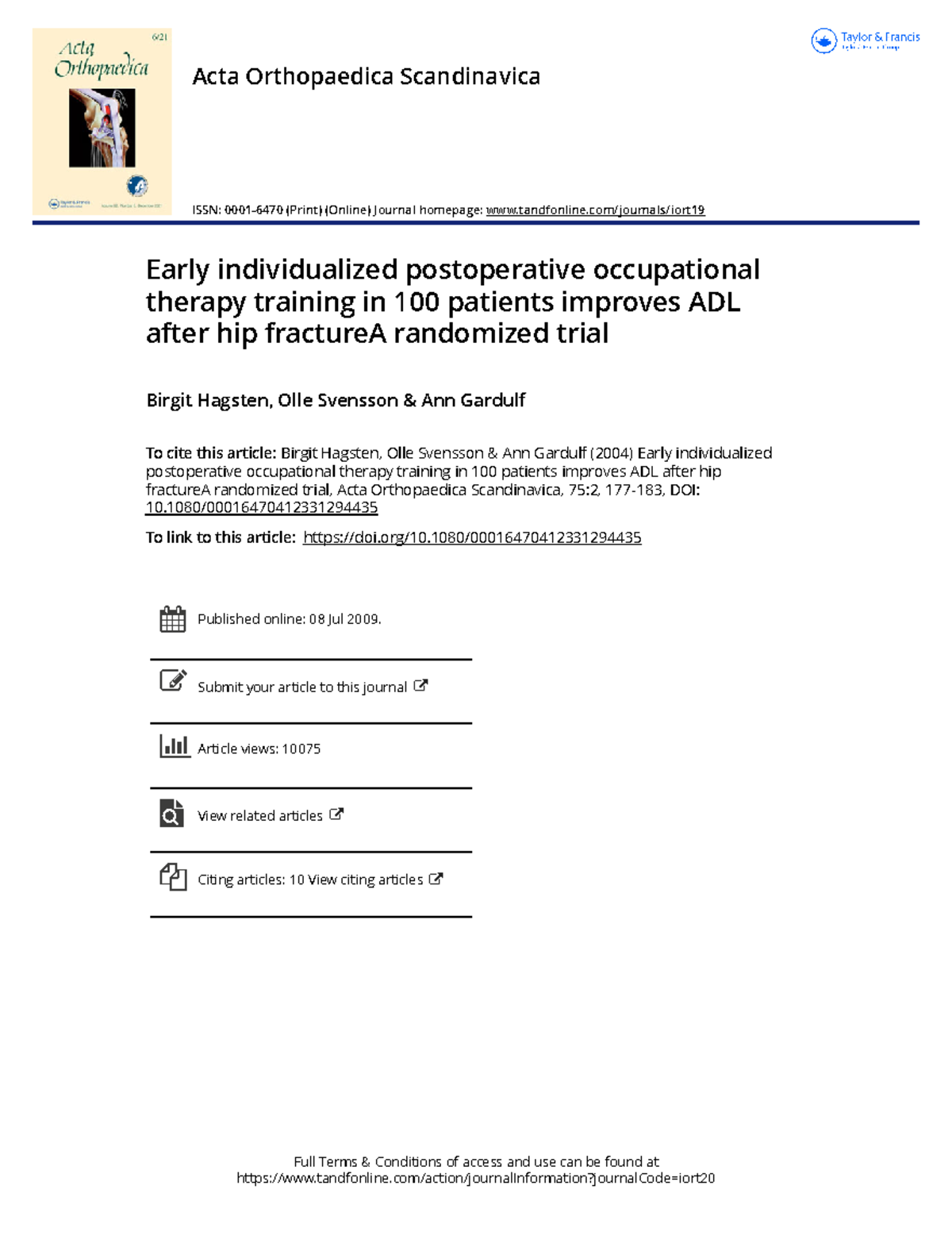 Early individualized postoperative occupational therapy training in 100 ...
