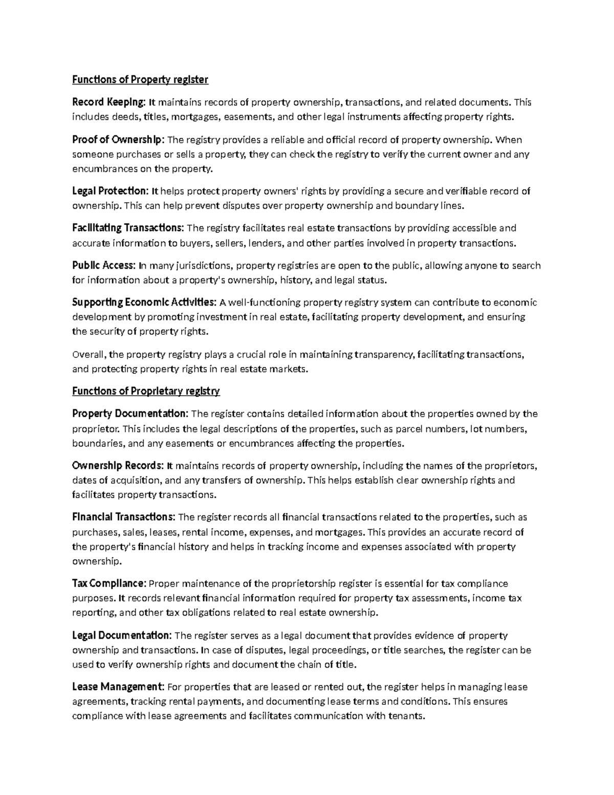 Functions of Property register - Functions of Property register Record ...