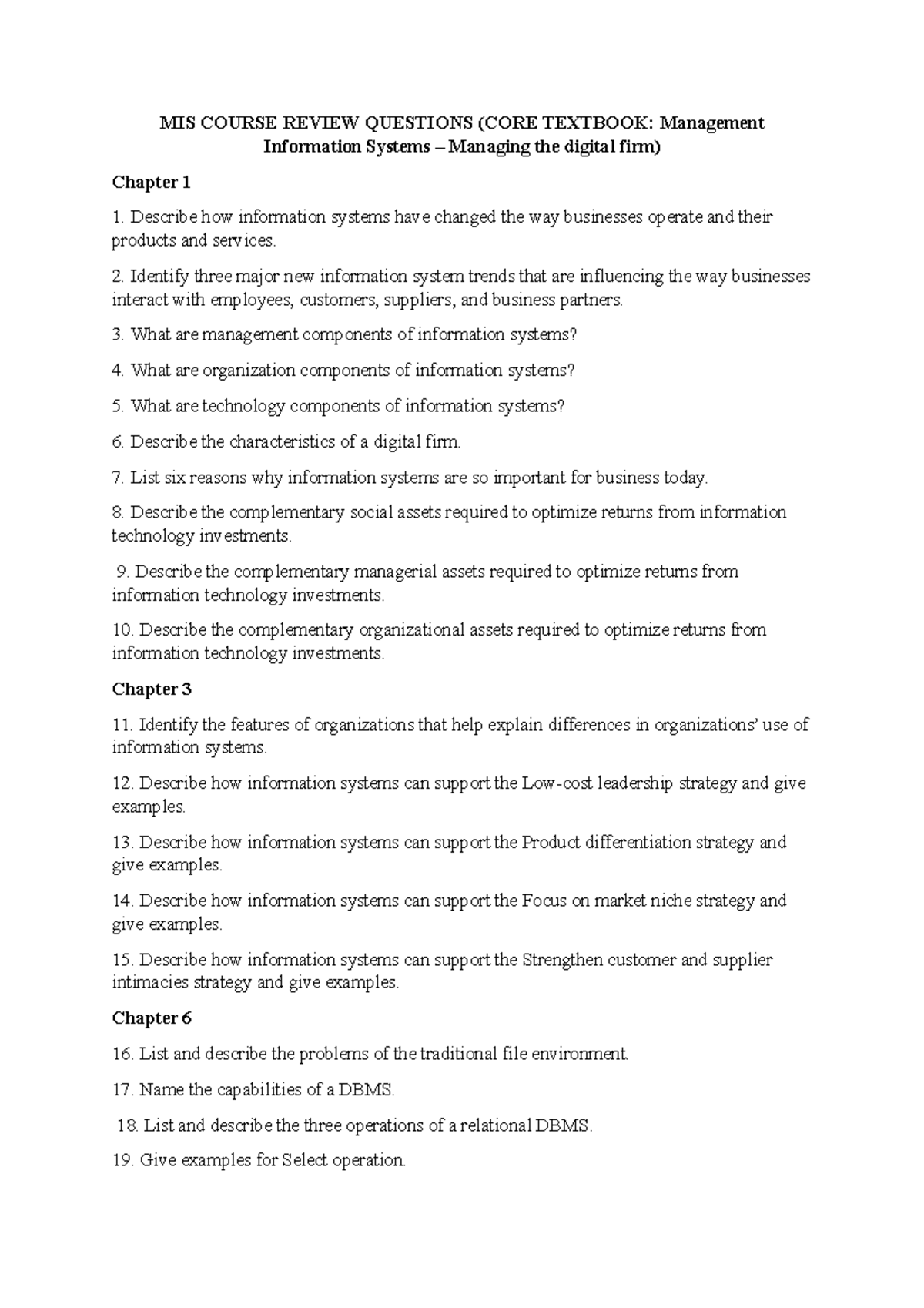 MIS Course Review Questions - MIS COURSE REVIEW QUESTIONS (CORE ...